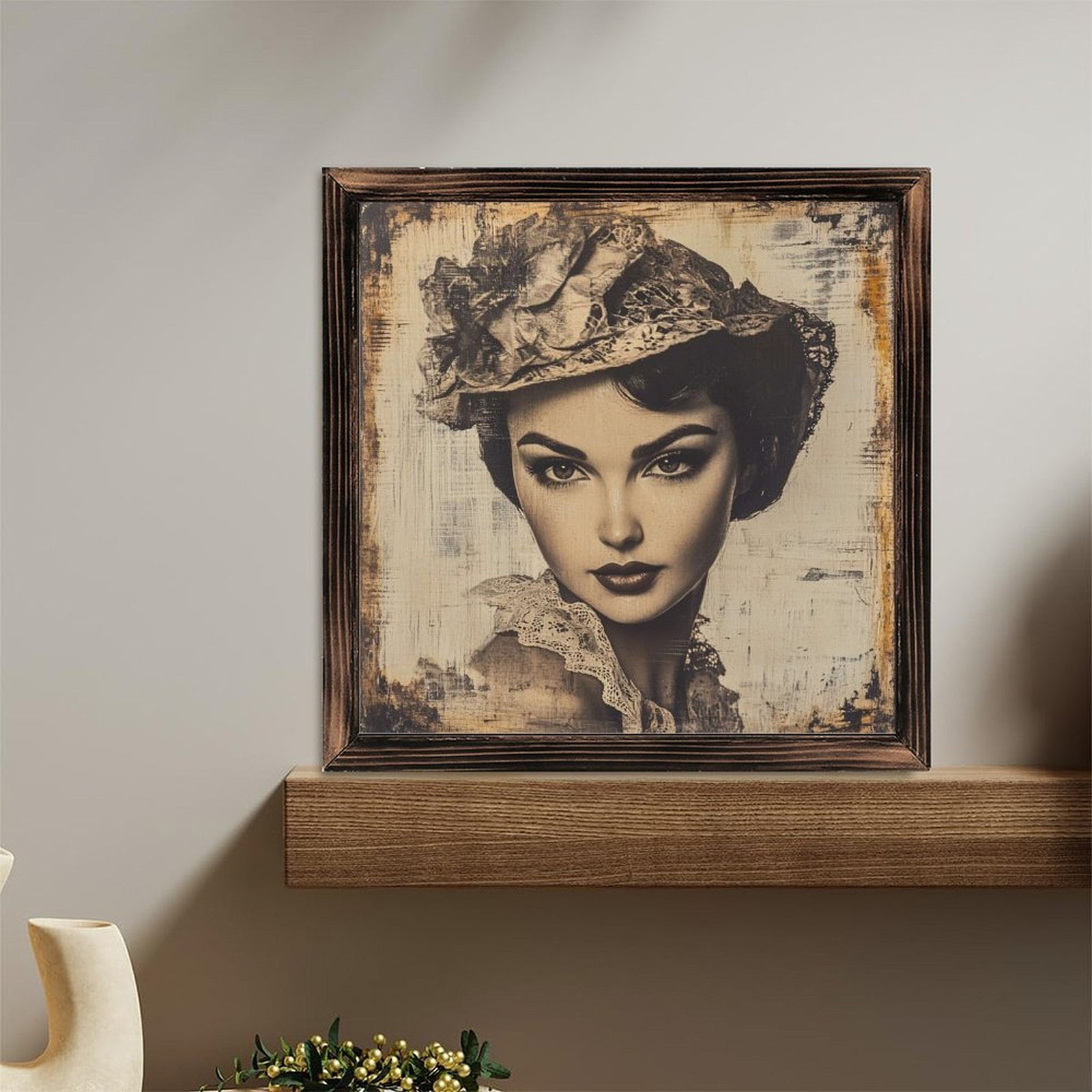 Elegant Woman Lace Hat Sepia Tone Wooden Sign Wall Plaque - Vintage Art ...