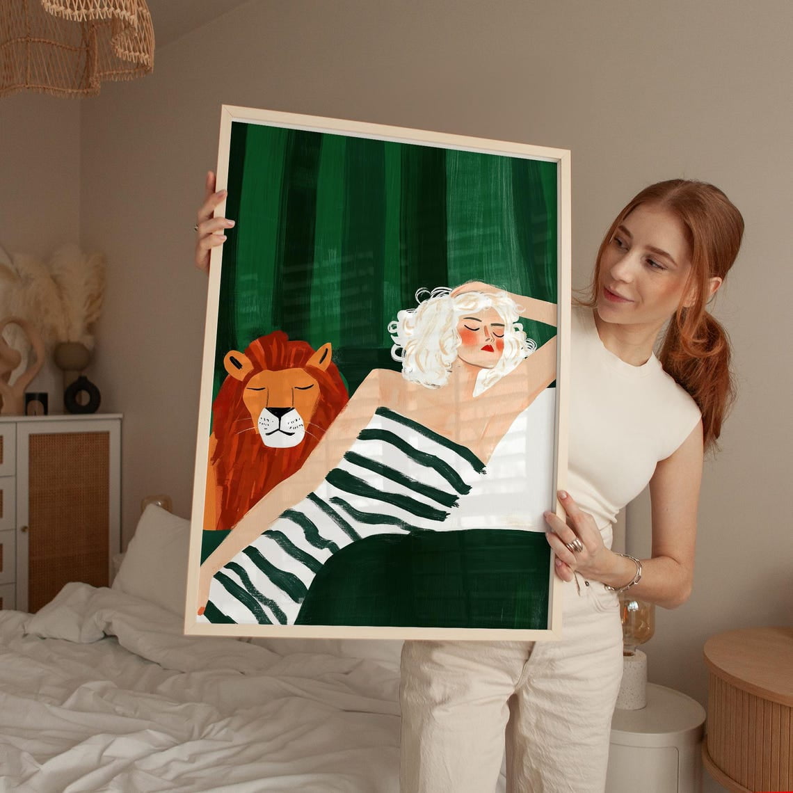 Elegant Woman With Lion Wall Art, Bold Modern Print, Jungle Aesthetic ...