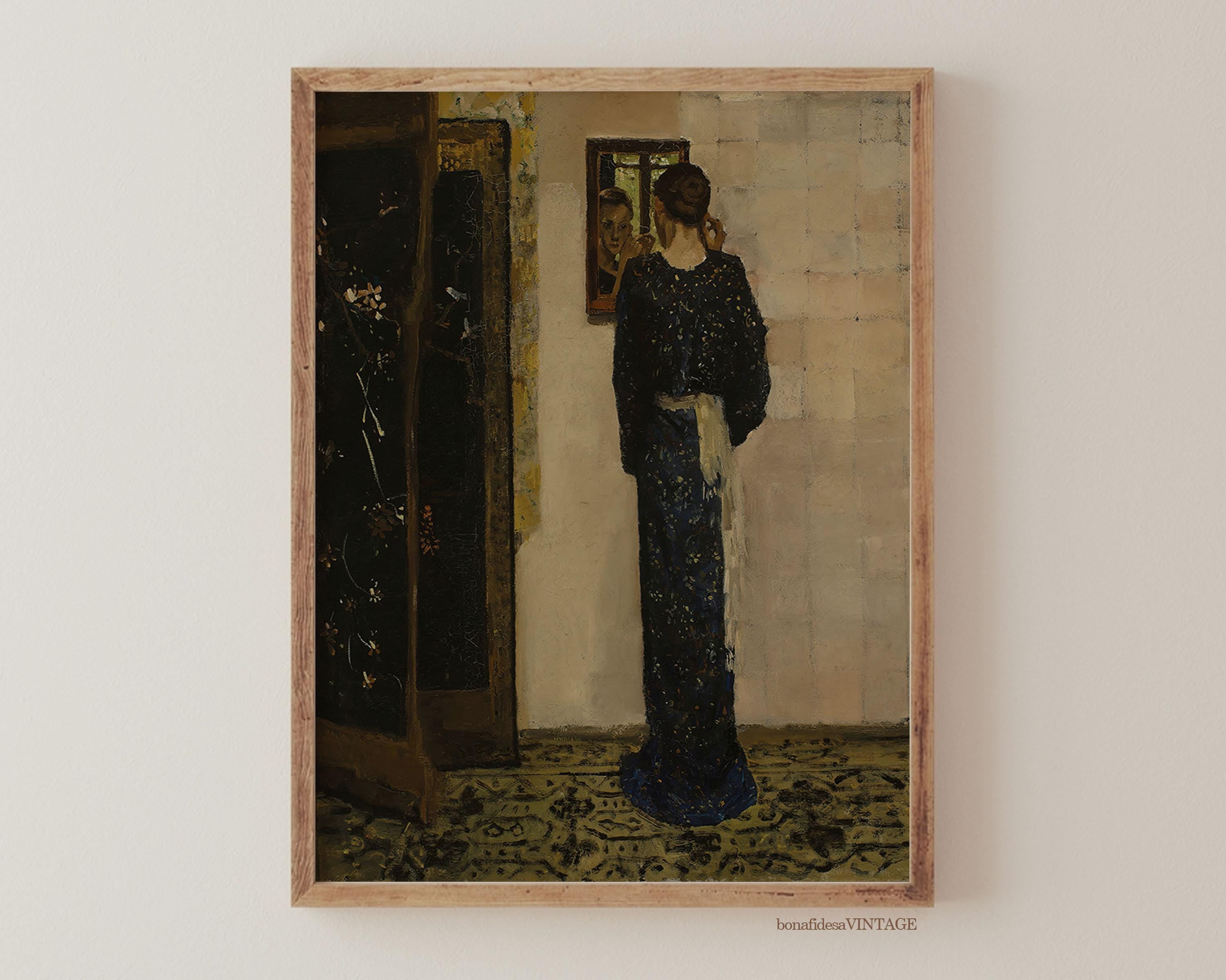 Elegant Woman In Mirror Poster , Vintage Wall Art Poster, Classic ...