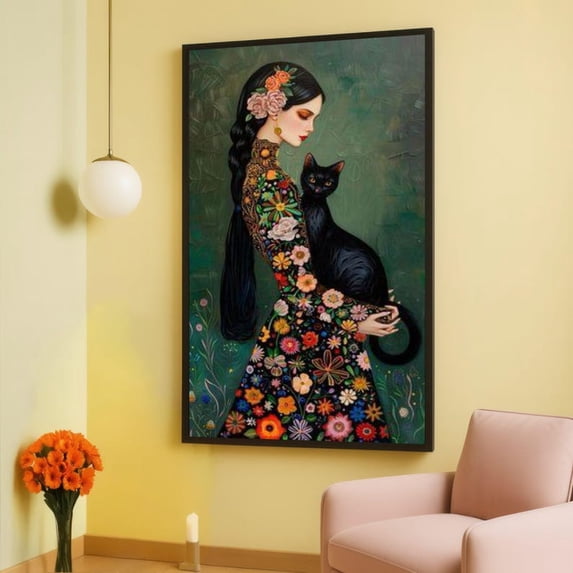 Elegant Woman with Black Cat Canvas, Floral Dress Wall Art, Bohemian ...