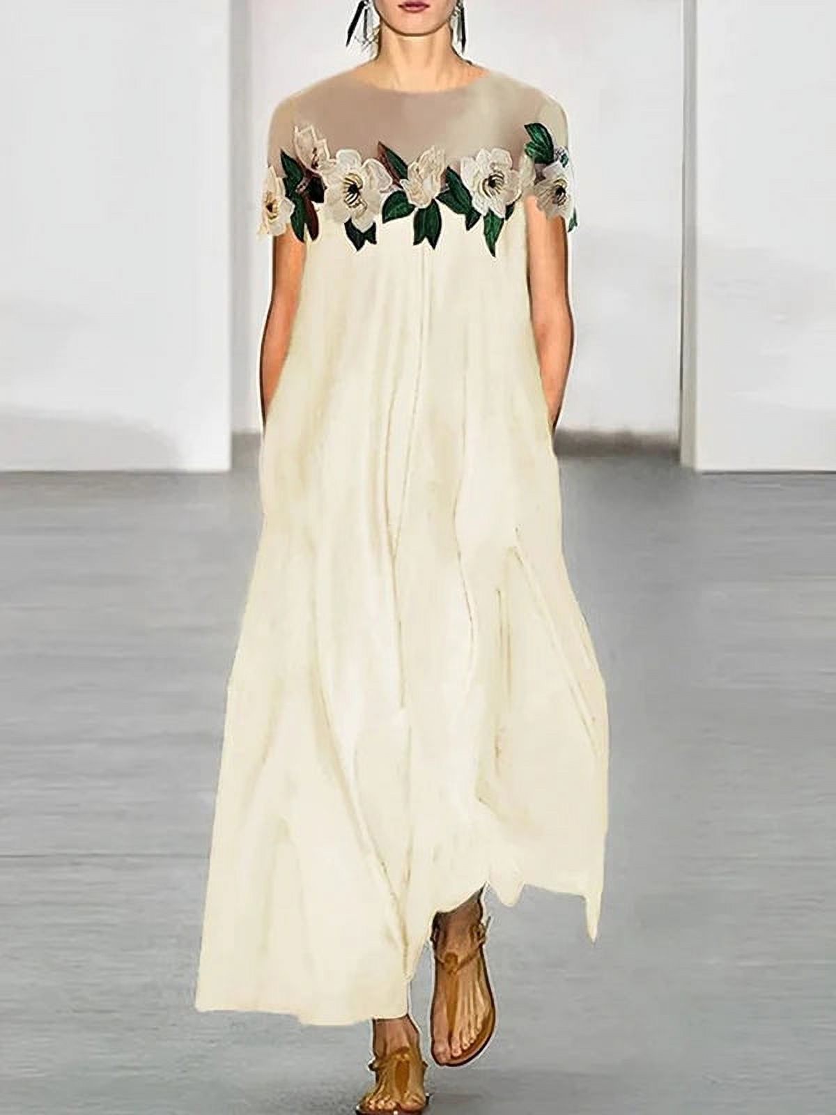 Elegant Women Flower-Embellished See-Through Party Dress Short Sleeves ...