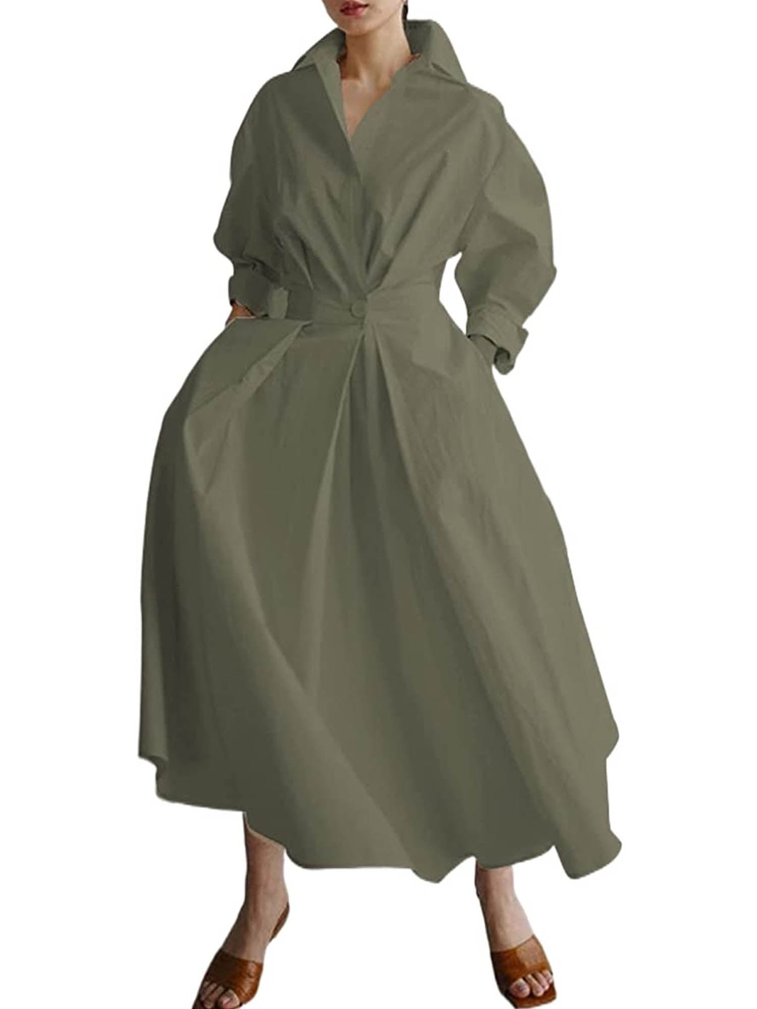 Elegant Women Plus Size Maxi Shirt Dress Long Sleeve Button Smocked ...