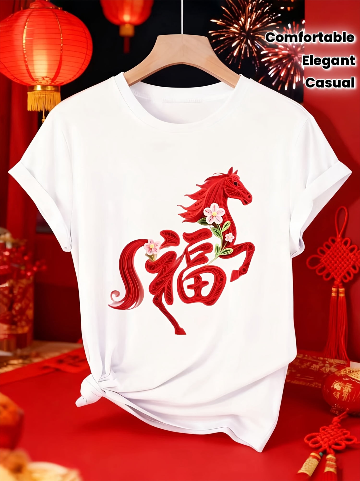 Elegant Women'S T-Shirt with Horse and Chinese Character Drawing ...