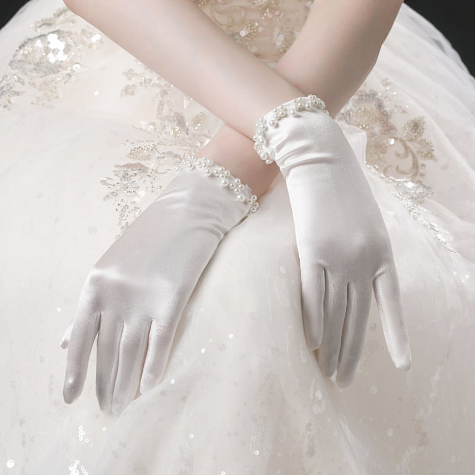 Elegant Women Wedding Short Gloves Full Finger Pearls Wrist Length ...