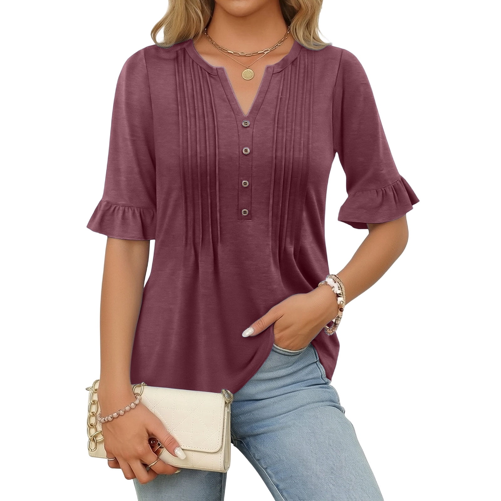 Elegant Women's Blouse V Neck Design Button Accents Ruffle Features ...