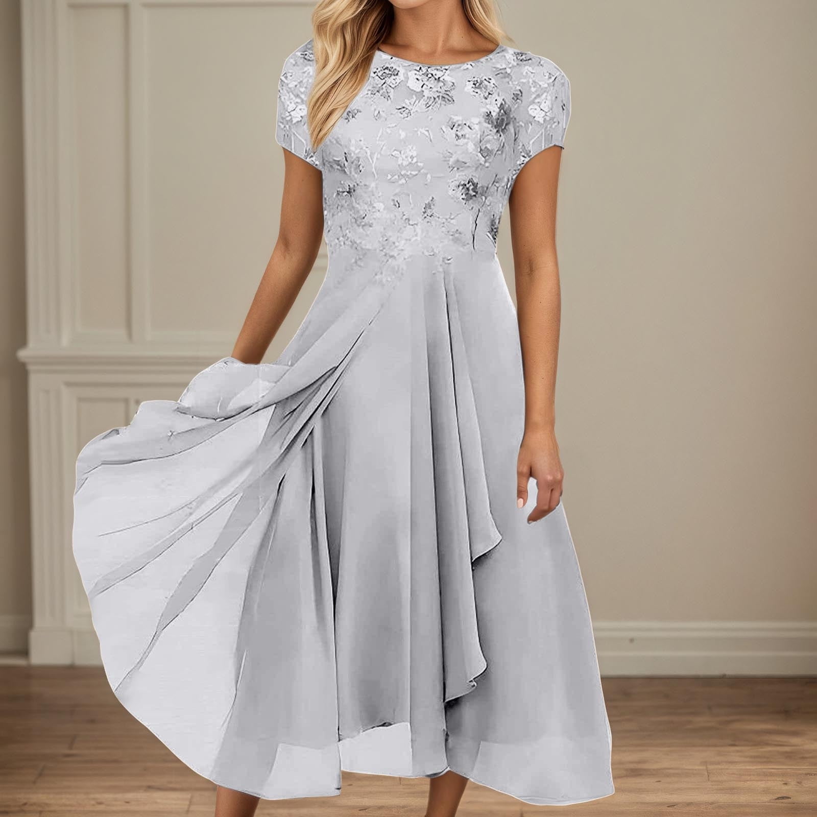 Elegant Women's Casual Chiffon Dress with Lace for Everyday and Evening ...
