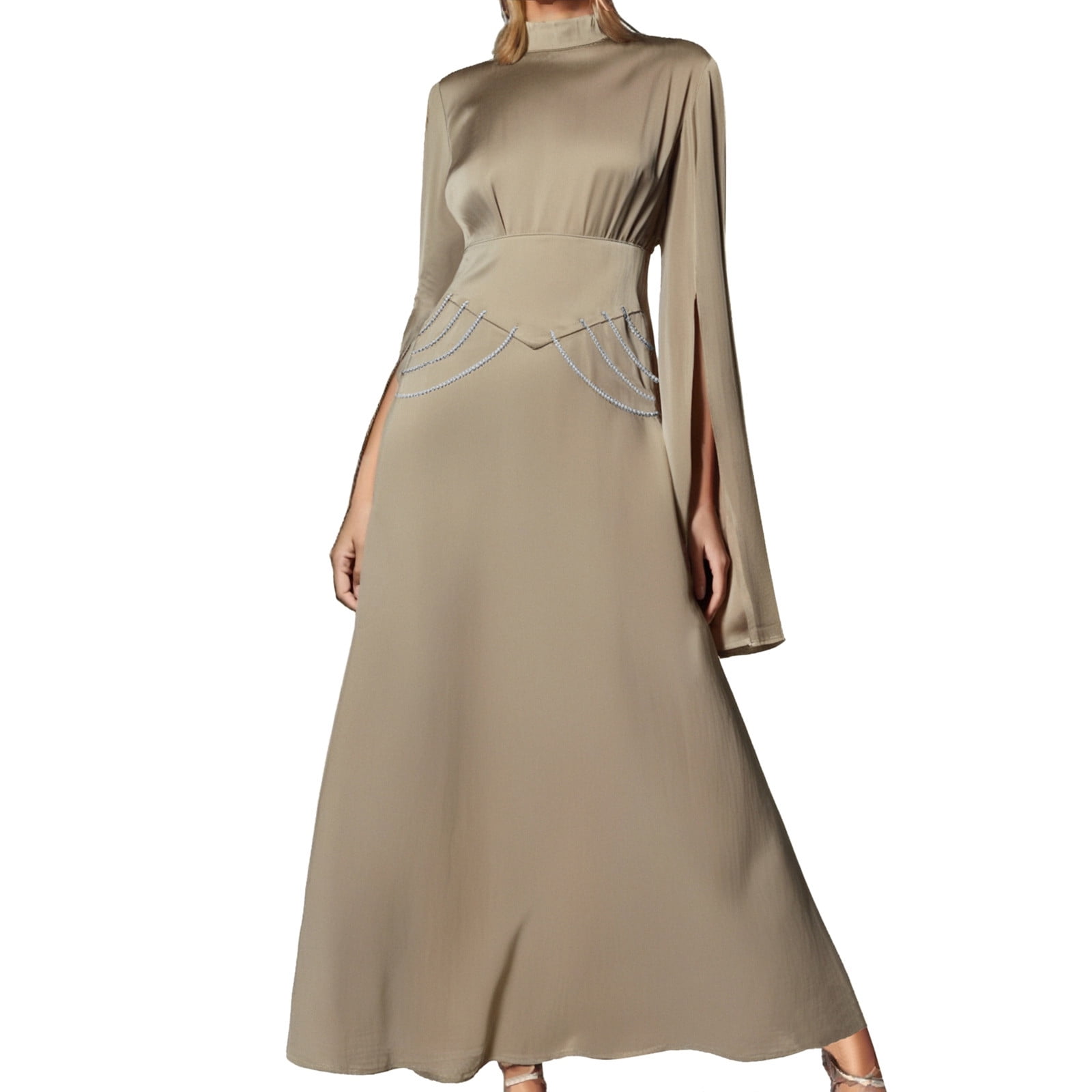 Elegant Women's Formal Dress For Daily Wear And Parties Round Neck Long Sleeve Solid Color Basic ...