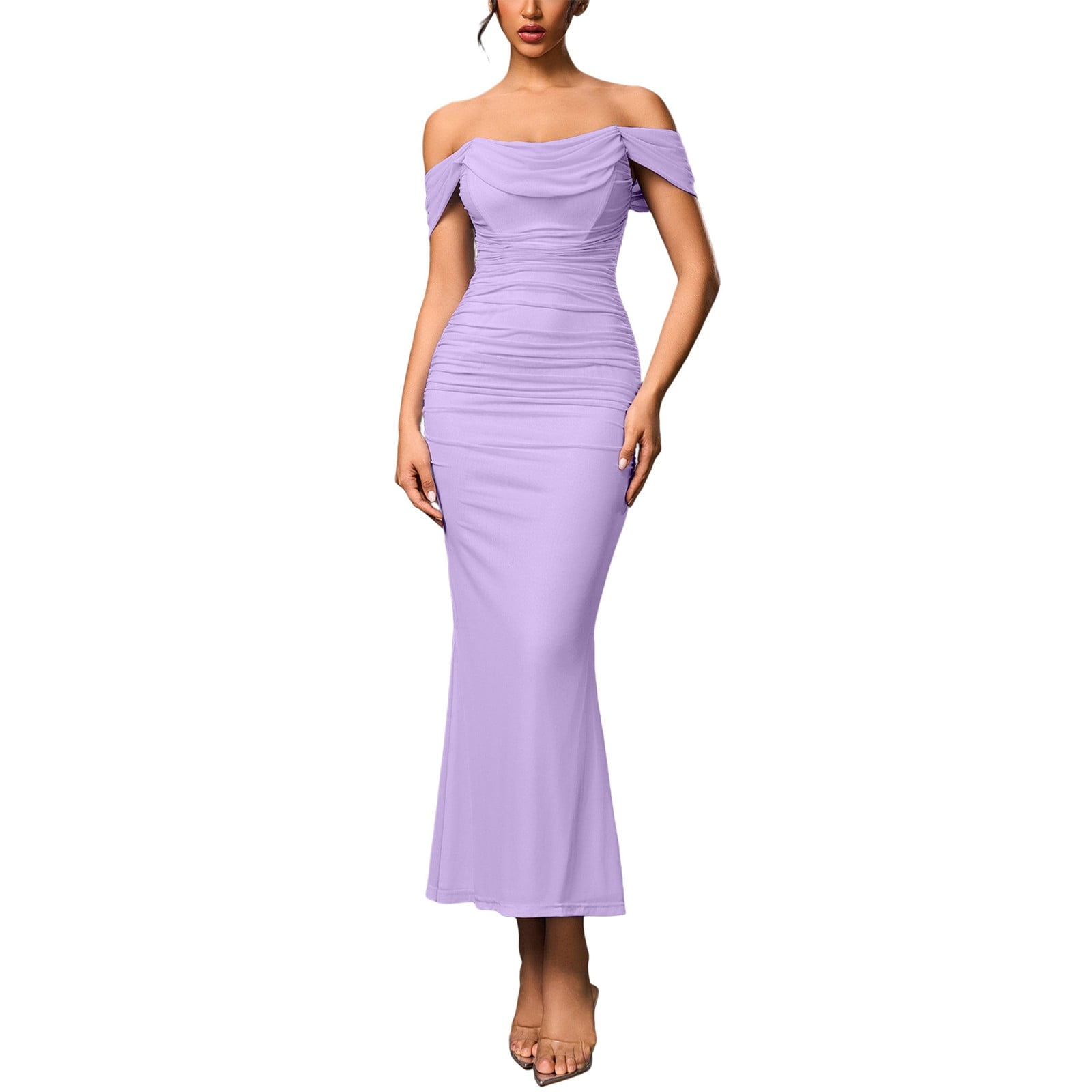 Elegant Women's Formal Dress Fishbone Mesh Ruffle Bodycon Long Gown ...