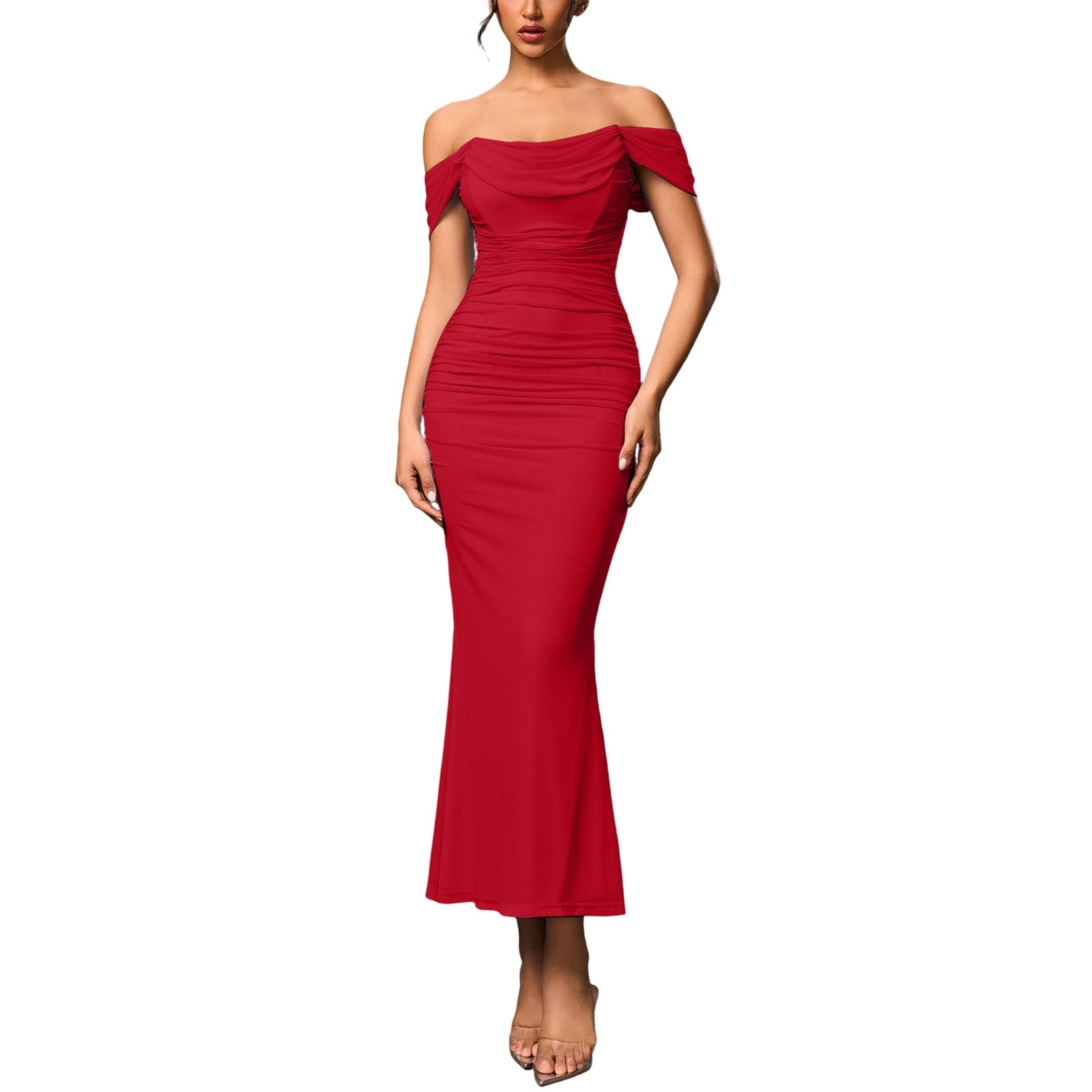 Elegant Women's Formal Dress Fishbone Mesh Ruffle Bodycon Long Gown ...