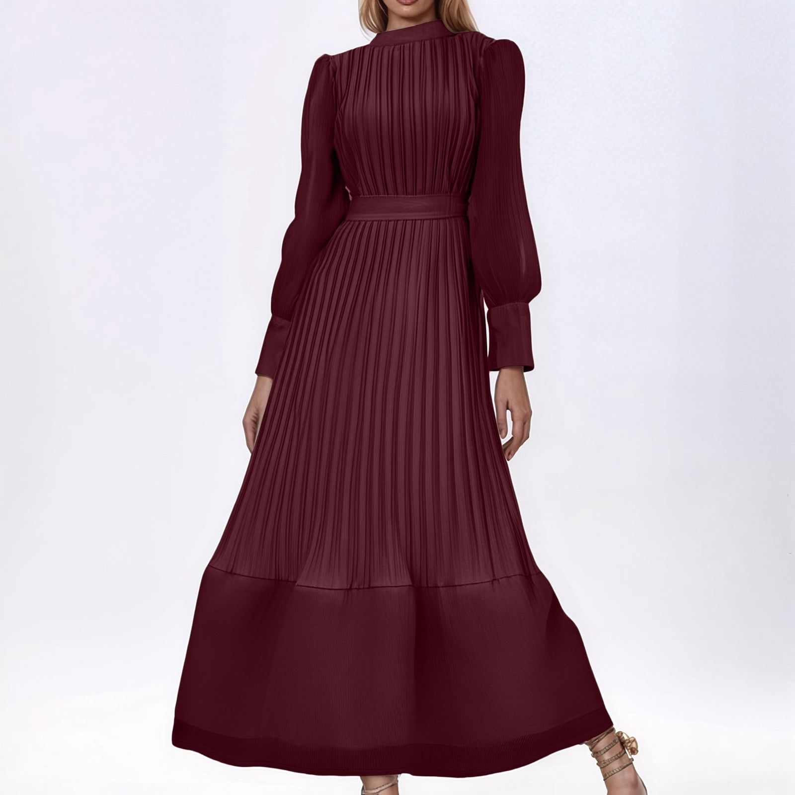 Elegant Women's Formal Dress Long Sleeve Round Neck Chiffon Party Gown ...