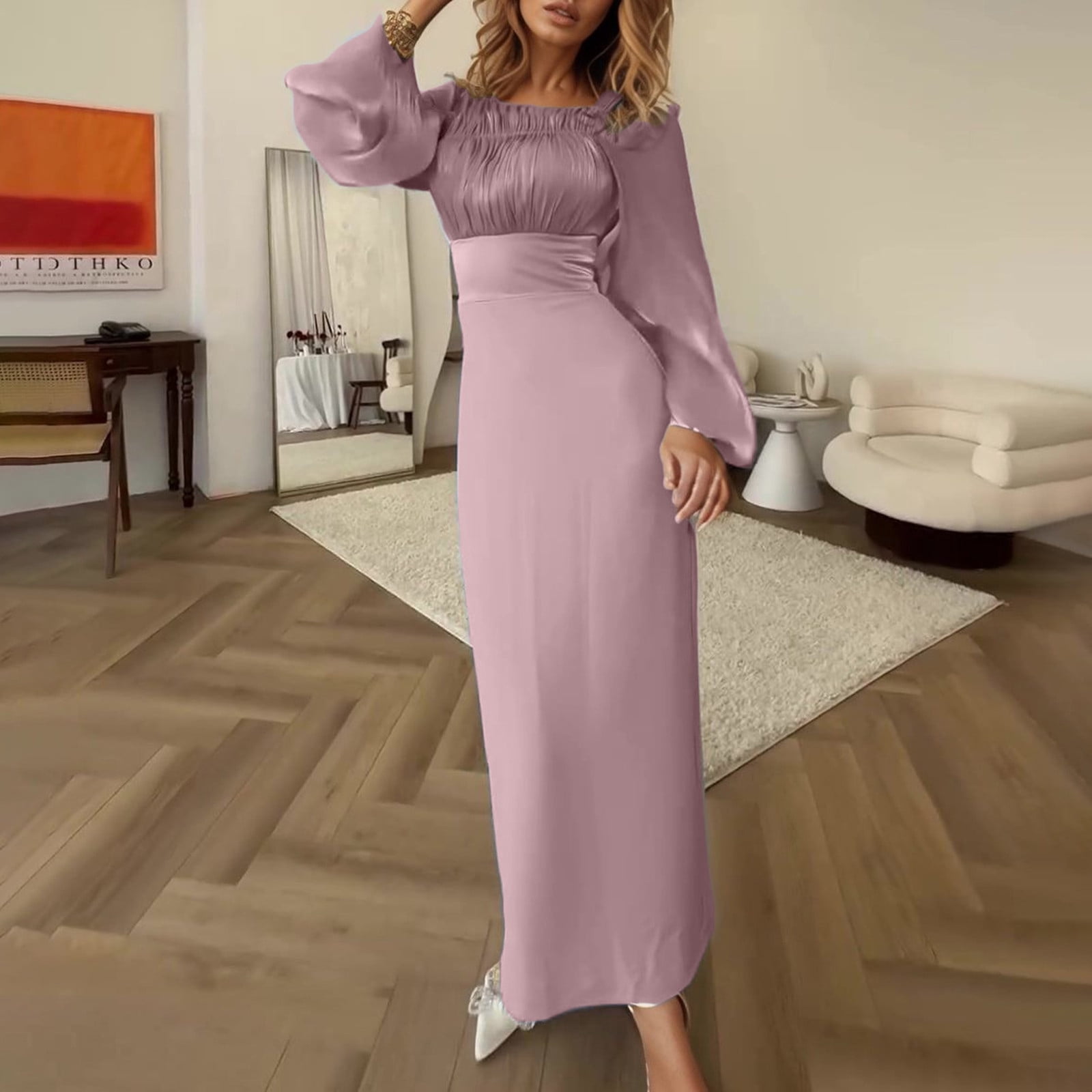 Elegant Women's Formal Dress Square Neck Long Sleeve Party Gown With ...