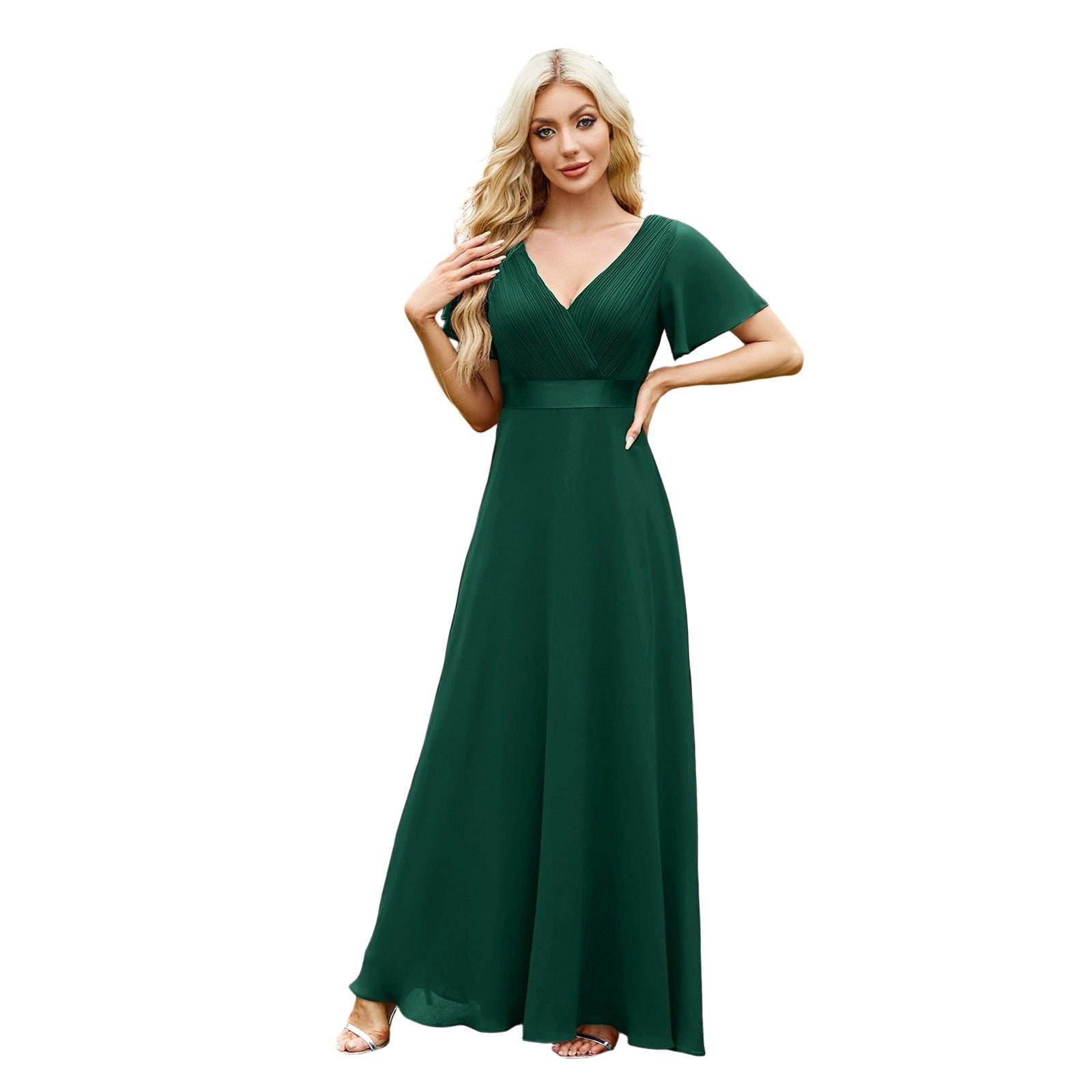Elegant Women's Formal Dress V Neck Flowy Chiffon Gown For Wedding ...