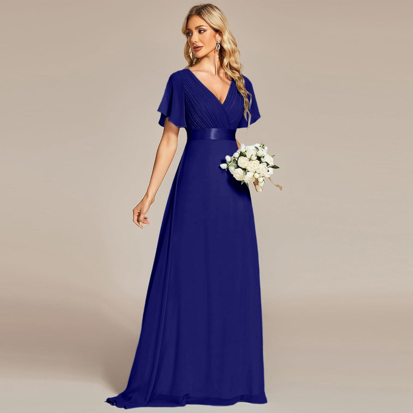 Elegant Women's Formal Dress V Neck Flowy Chiffon Gown For Wedding ...