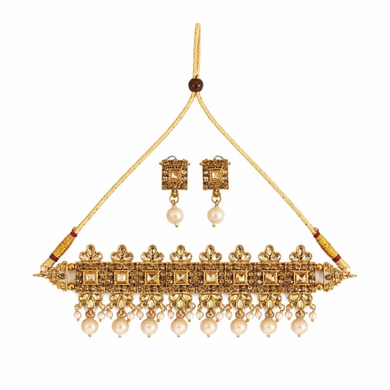 Elegant Women’s Gold-Tone Choker Necklace Set with Pearl Drops & Square ...