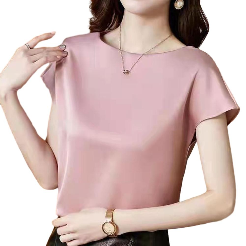 Elegant Women's O Neck Satin Blouse Office Lady Tops Short Sleeve ...