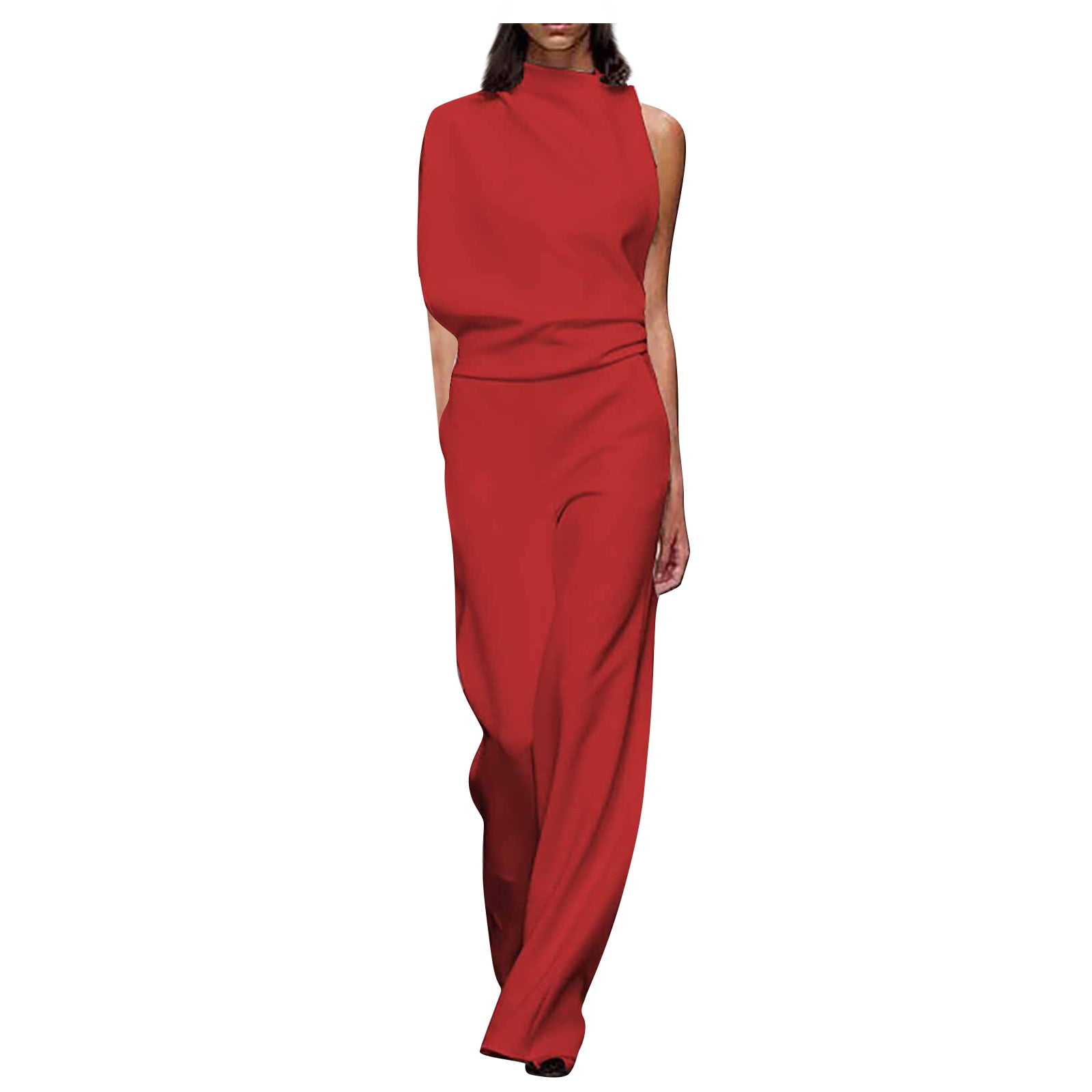 Elegant Women's One-Shoulder Red Jumpsuit Stylish Wide Leg Design for ...