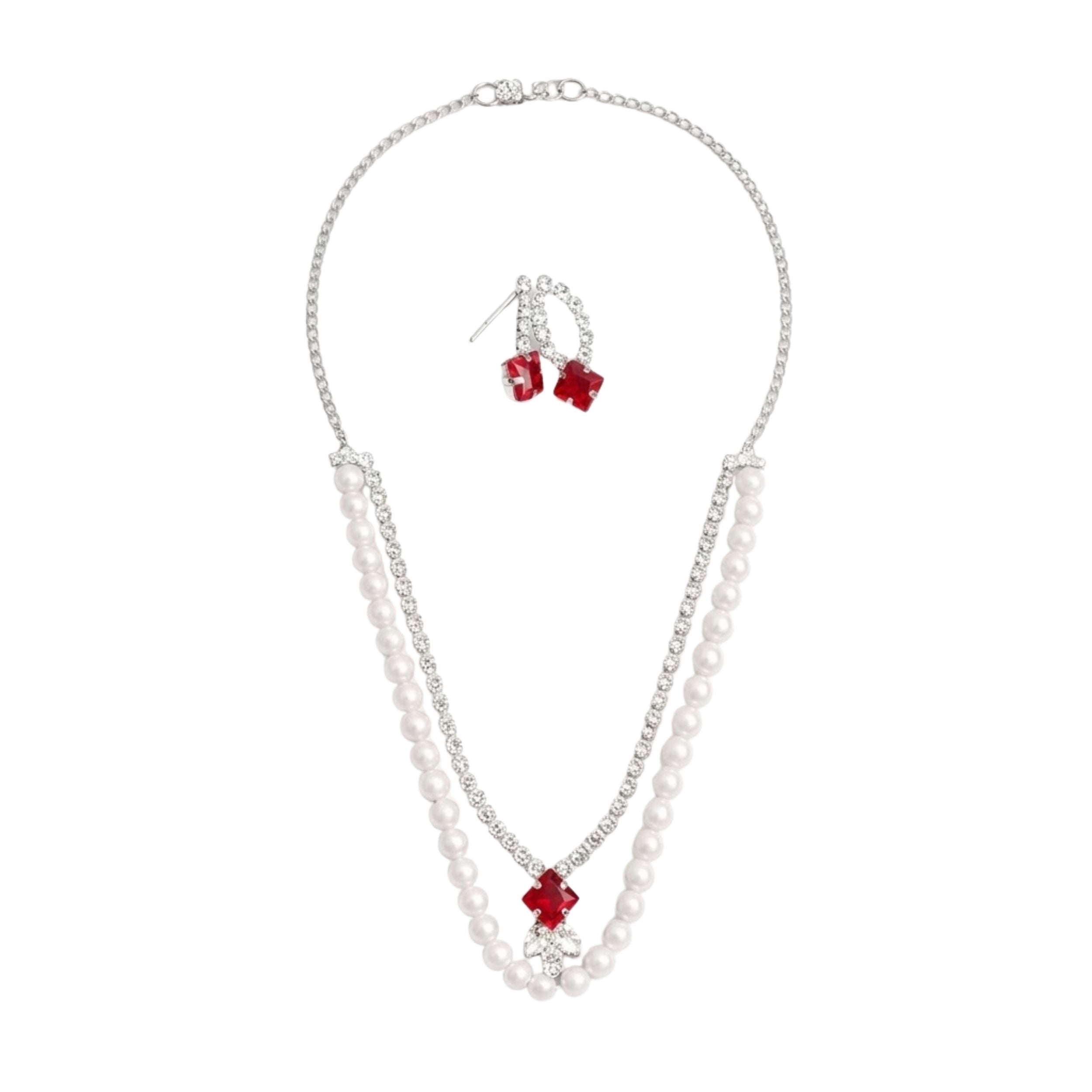 Elegant Women’s Pearl & Crystal Necklace Set with Red Stone Pendant and ...