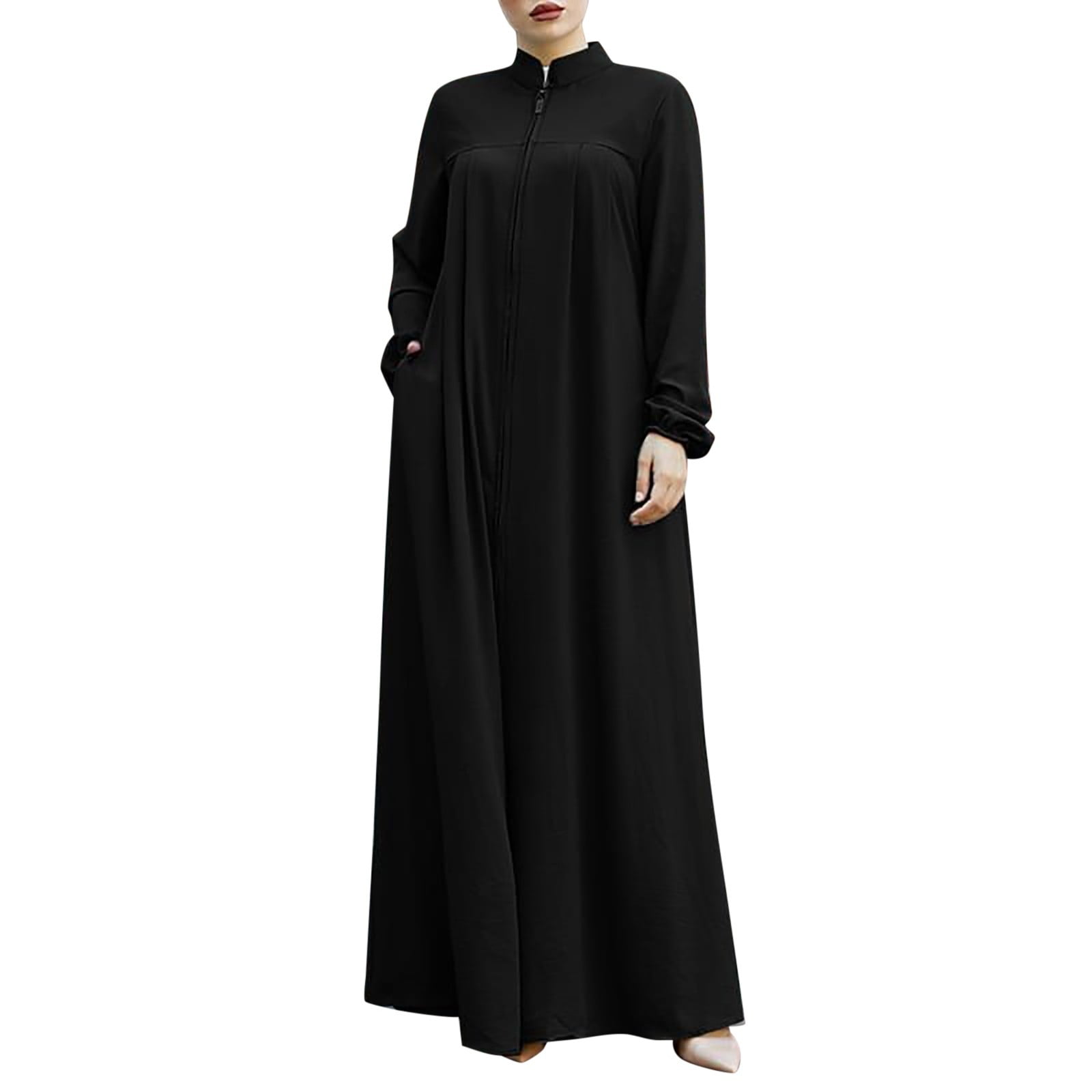Elegant Women's Robe Dress with Stand Collar and Zipper Cardigan Design ...