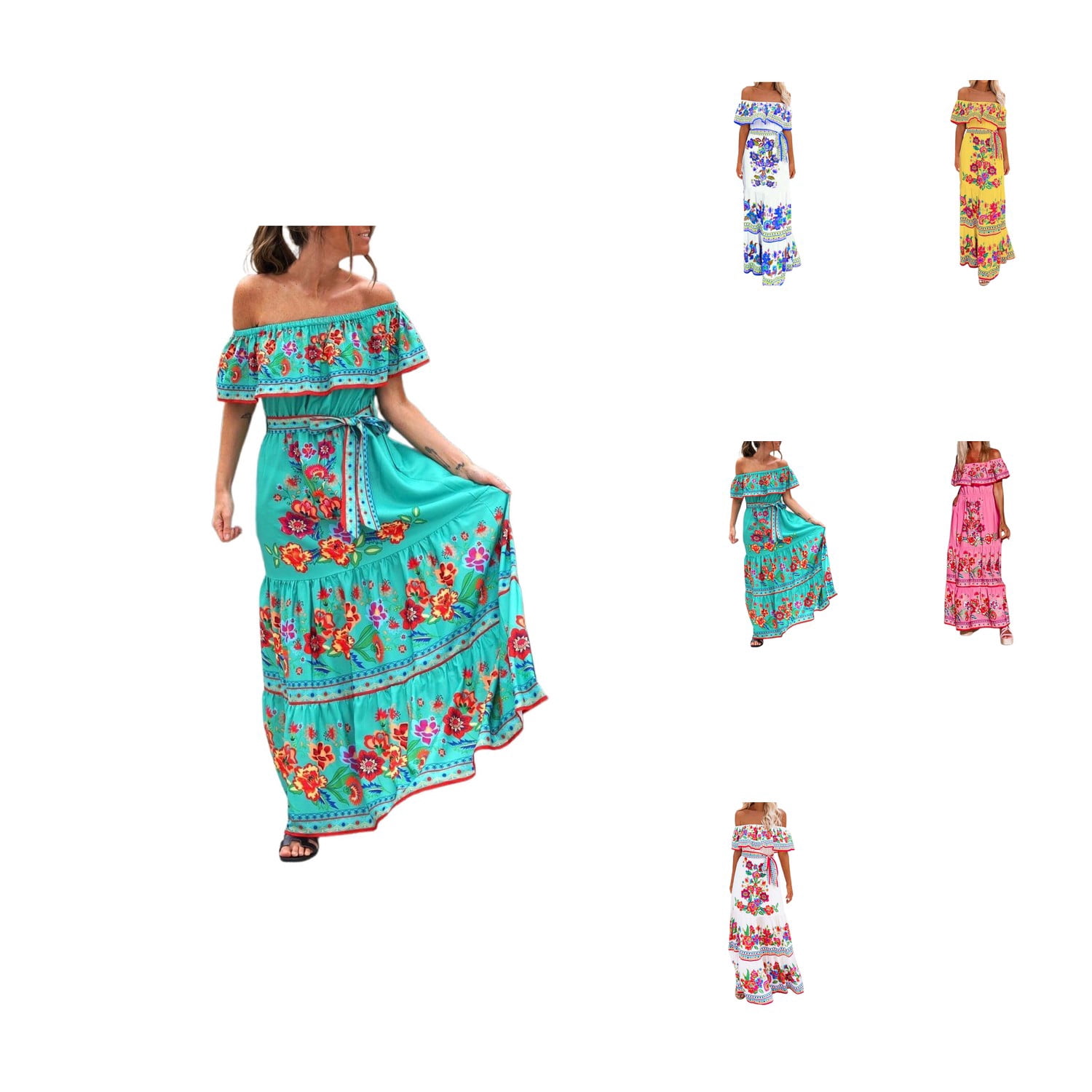 Elegant Women's Off Shoulder Red Floral Print Maxi Swing Dress, Halter ...