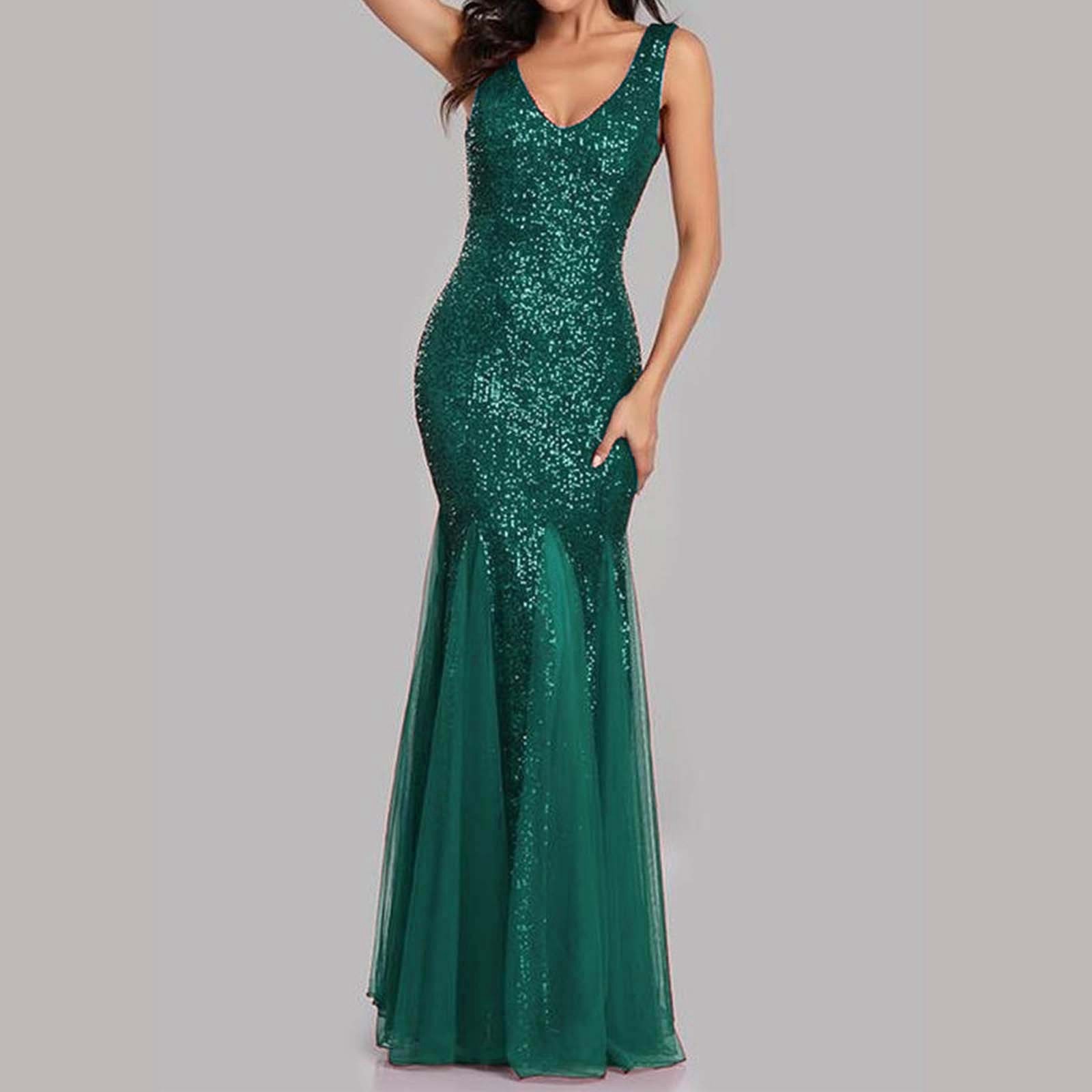 Elegant Women's Slim Fit Sexy Sequined Sleeveless Dress Unique Low Neck ...