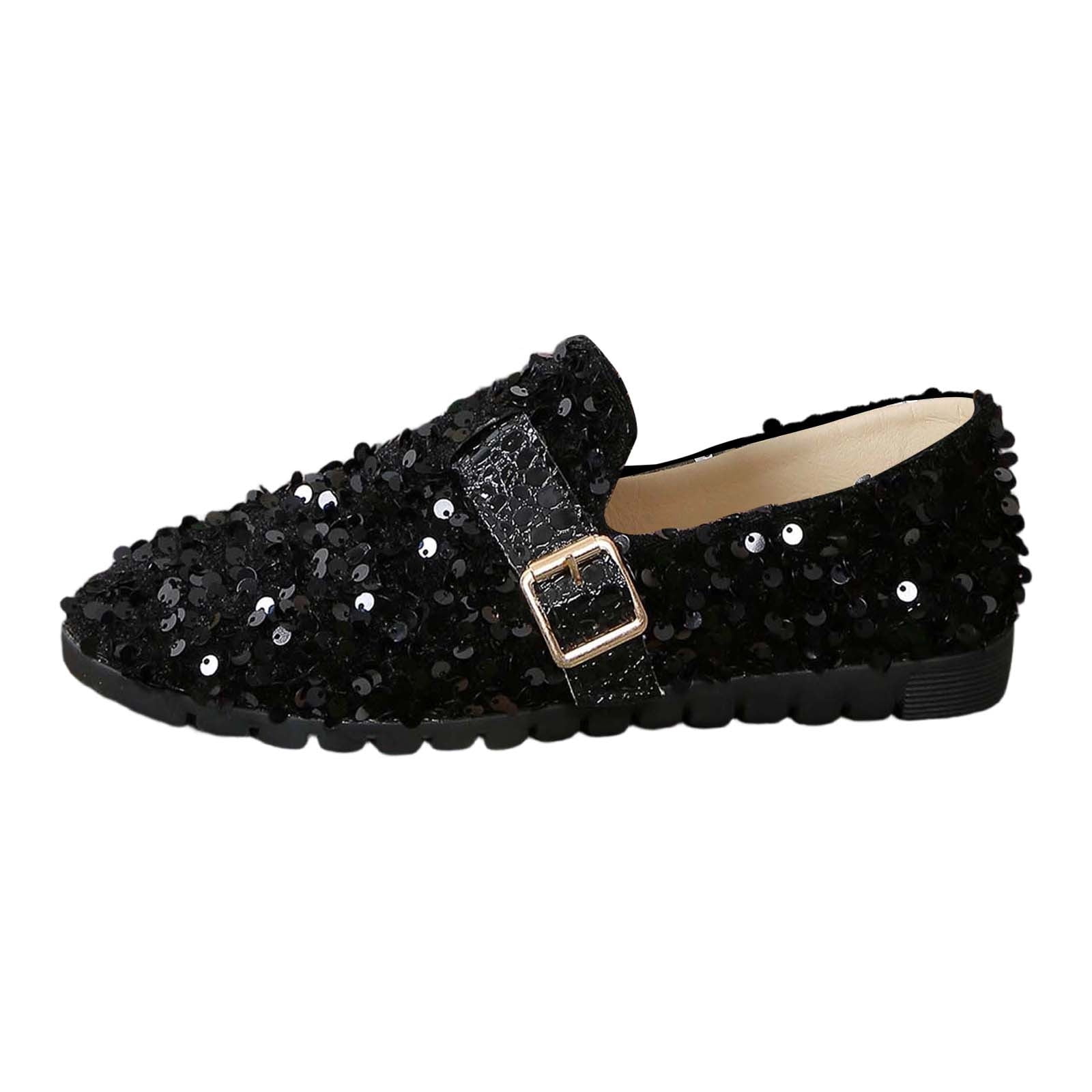 Elegant Women's Slip-On Loafers with Sequin, Black Glitter Slip-On ...