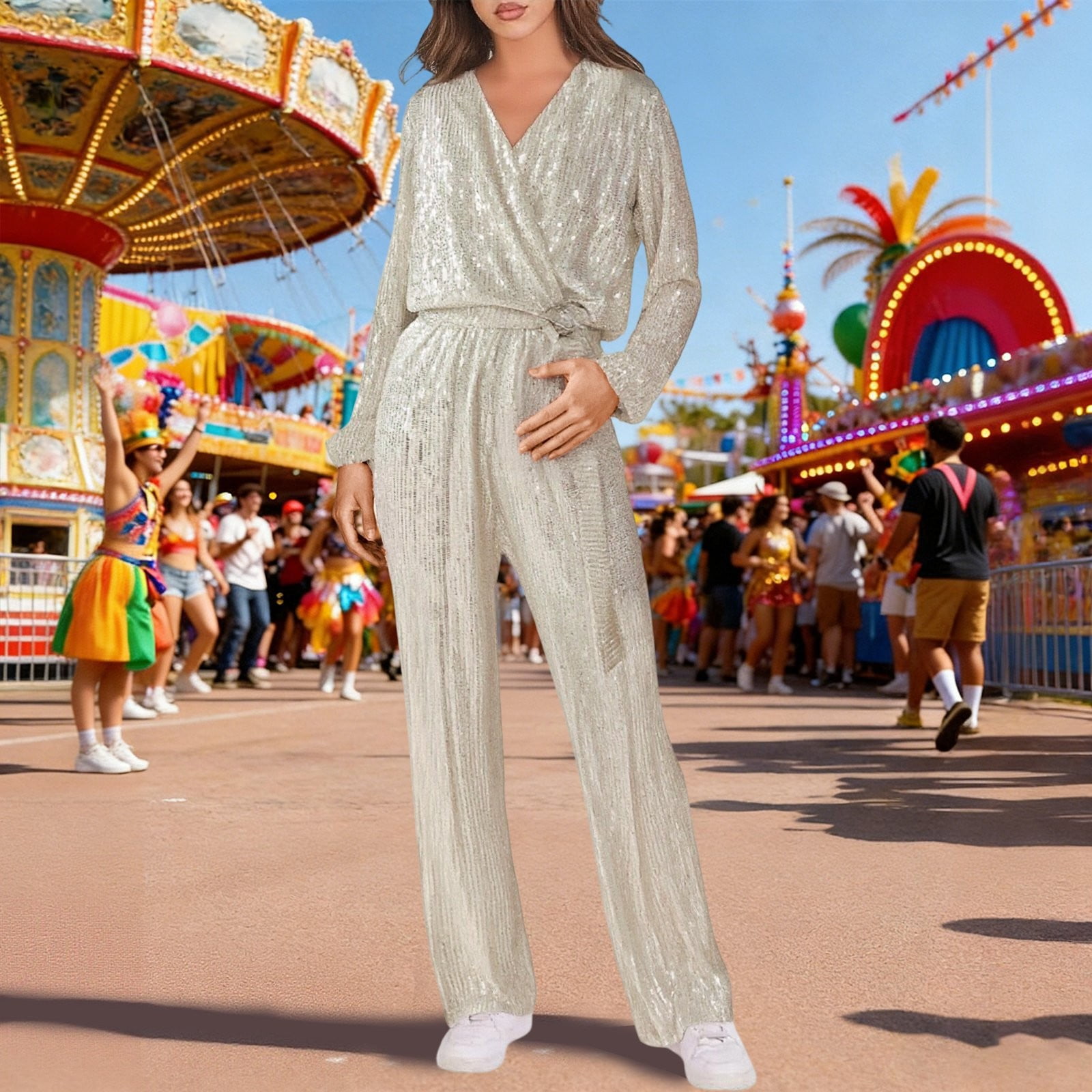 Elegant Women's Sparkly Sequin Jumpsuit Featuring Fashionable Collar ...