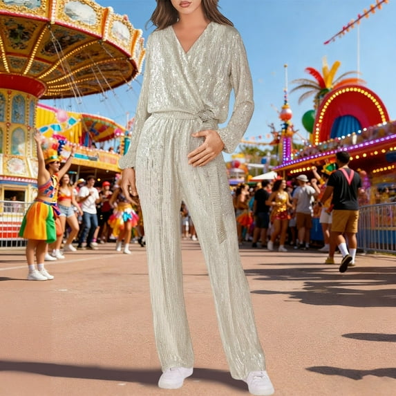 Elegant Women's Sparkly Sequin Jumpsuit Featuring Fashionable Collar ...