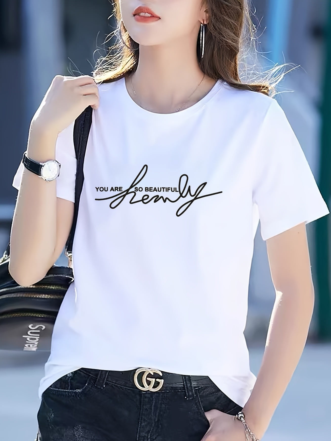Elegant Women's T-Shirt with Letter Print - Crew Neck, Short Sleeve, Machine Washable - Perfect ...
