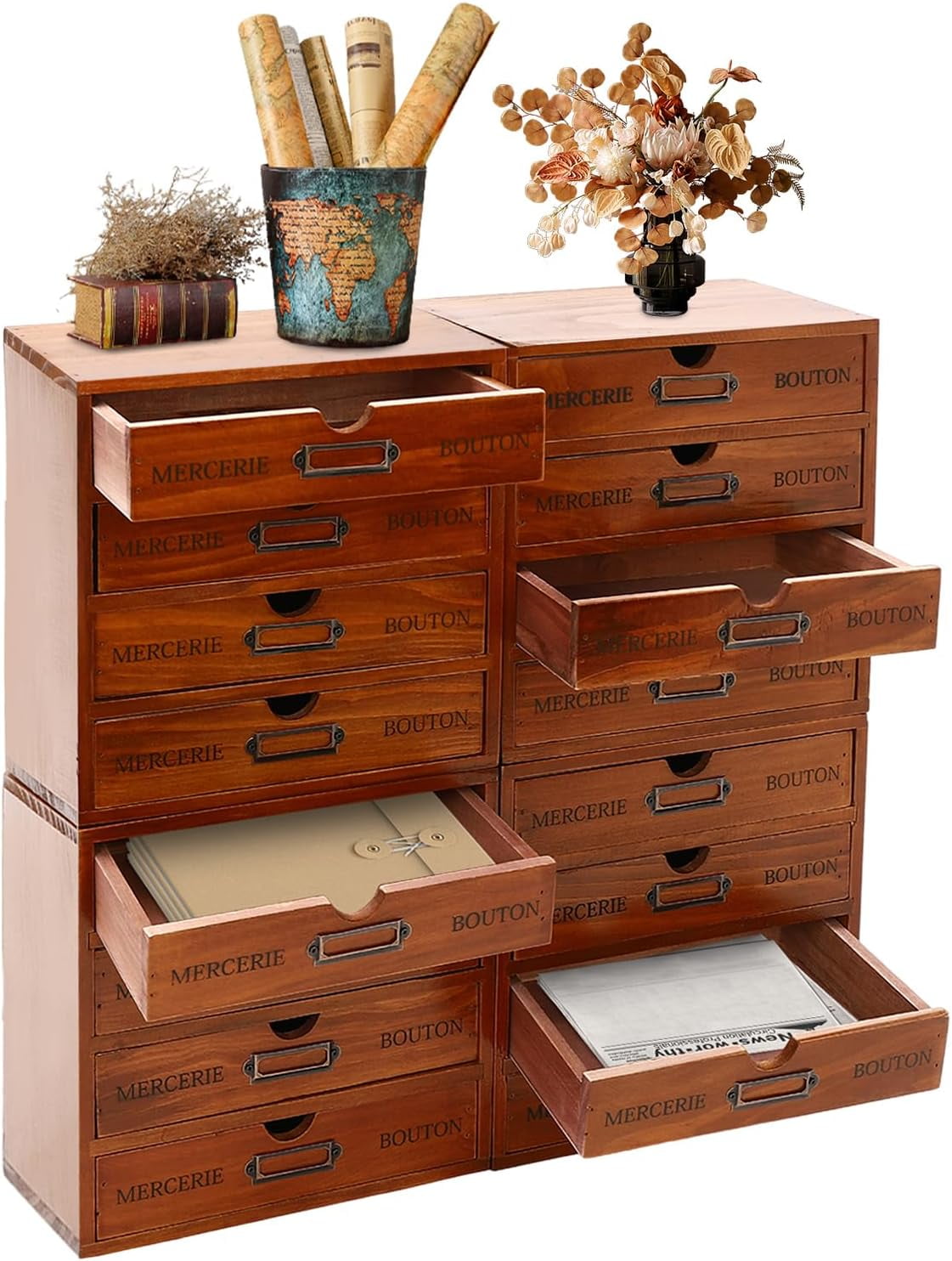 Elegant Wooden File Cabinet with 16 Drawers, 4Pcs 4-Slot Large Storage ...