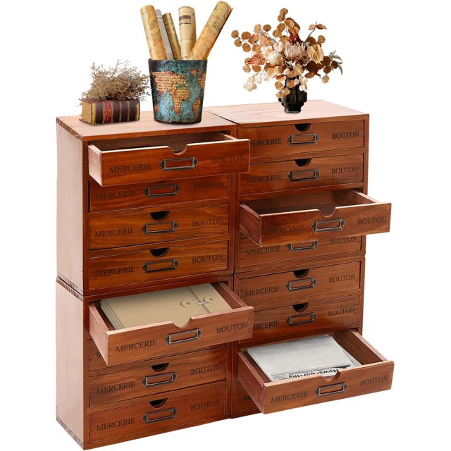 Elegant Wooden File Cabinet with 16 Drawers, 4Pcs 4-Slot Large Storage ...