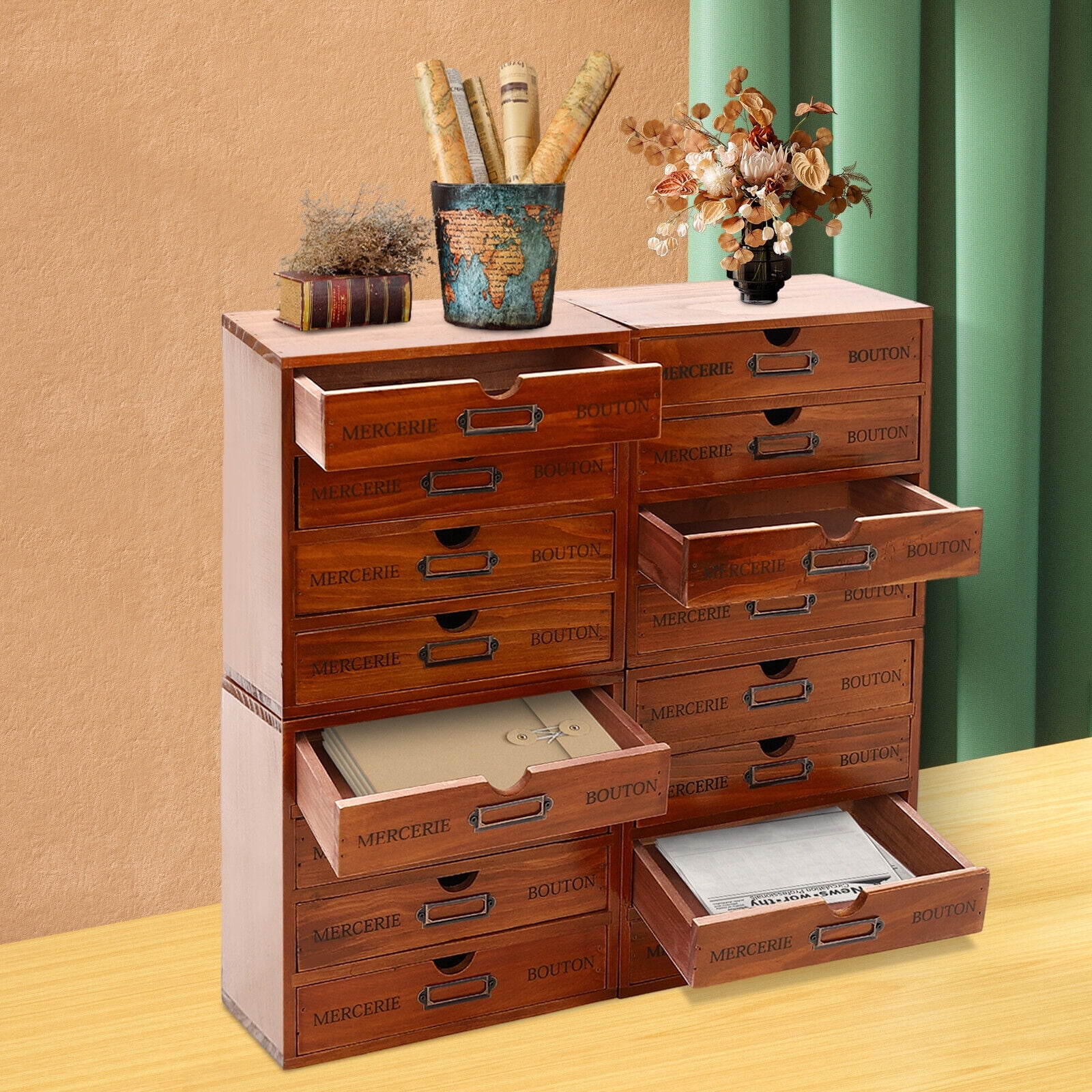 Elegant Wooden File Cabinet with 16 Drawers 4-Slot Large Storage Box ...