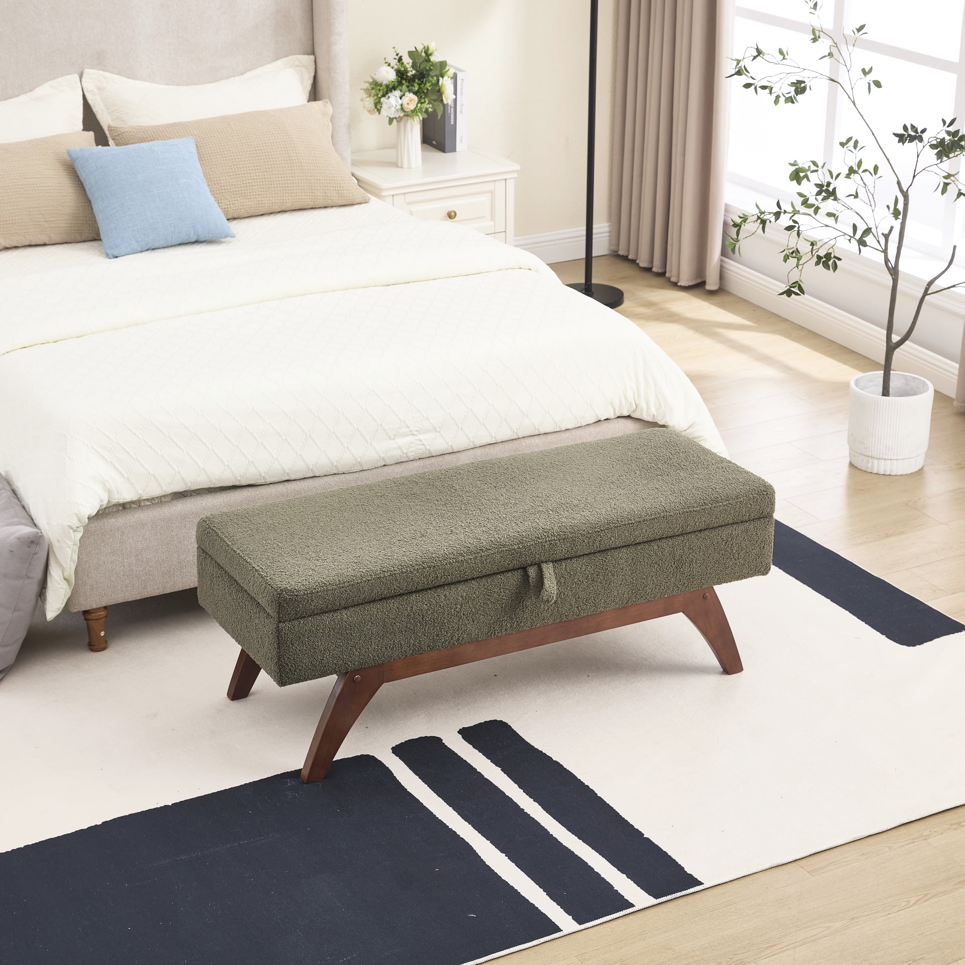 Elegant Wool Footrest With Hidden Storage And Wood Attractive Bedside ...