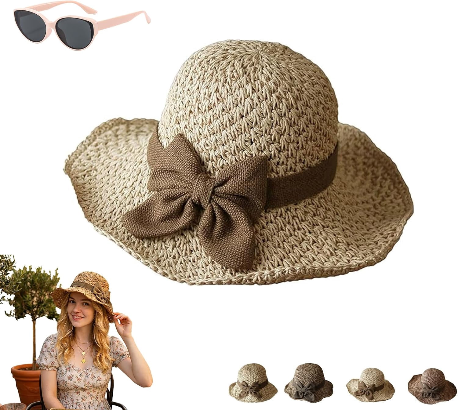 Elegant Woven Straw Sun Hat with Bow – Versatile Retro Handmade Straw ...