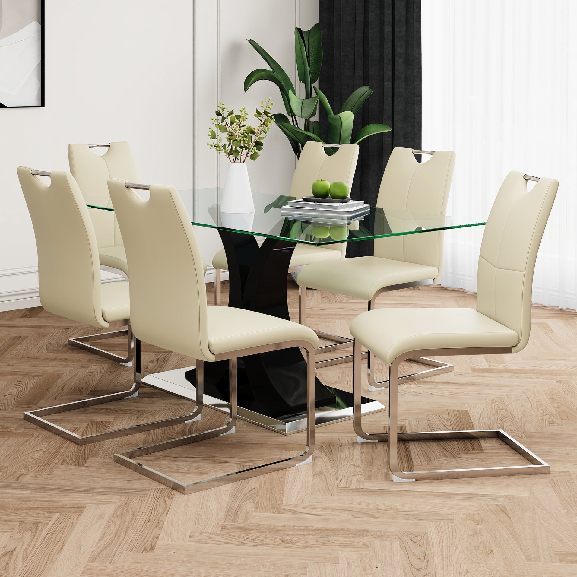 Elegant Yellow Chairs With Modern Glass Dining Table, Solid Support ...