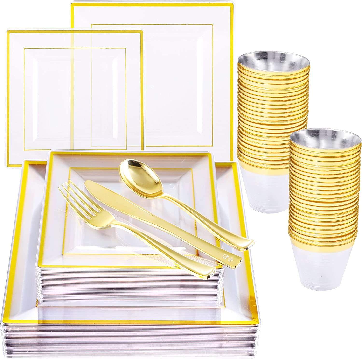 Elegant and Durable 150-Piece Gold Plastic Square Plates with Gold Trim ...