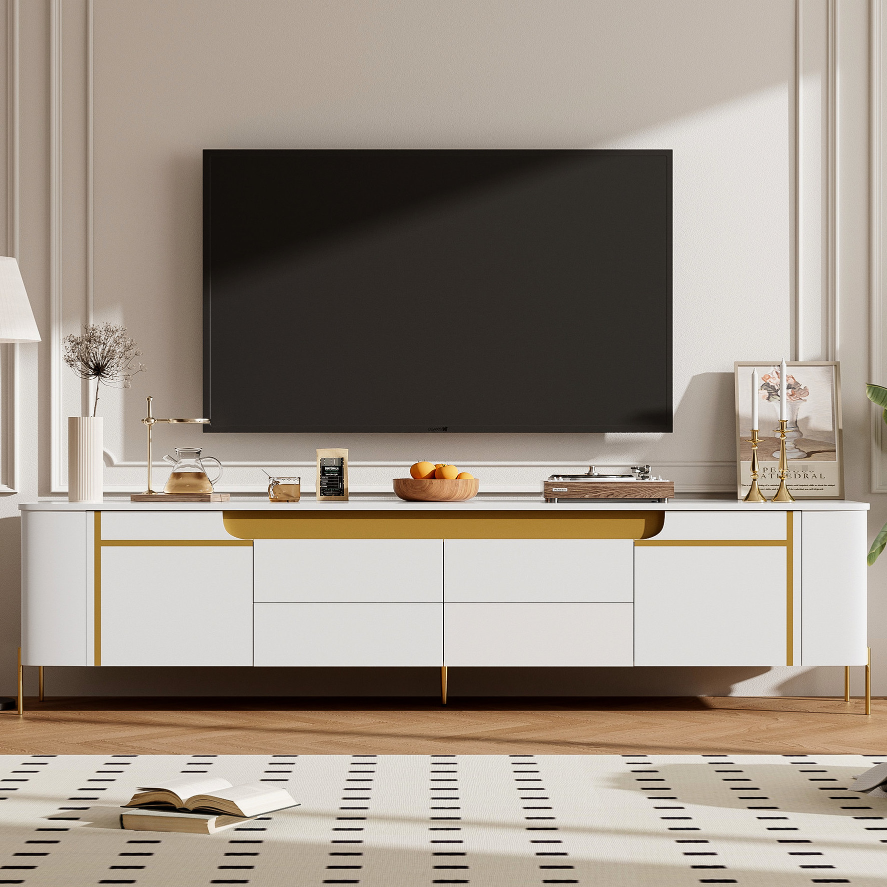 Elegant and simple TV stand with cable management holes, 5 metal legs ...