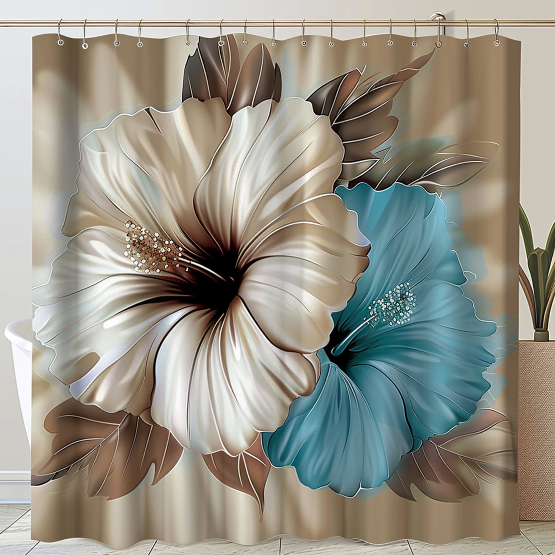 Elegant Beige Shower Curtain With Stunning Brown And Blue Hibiscus Flower Design In Soft Shades