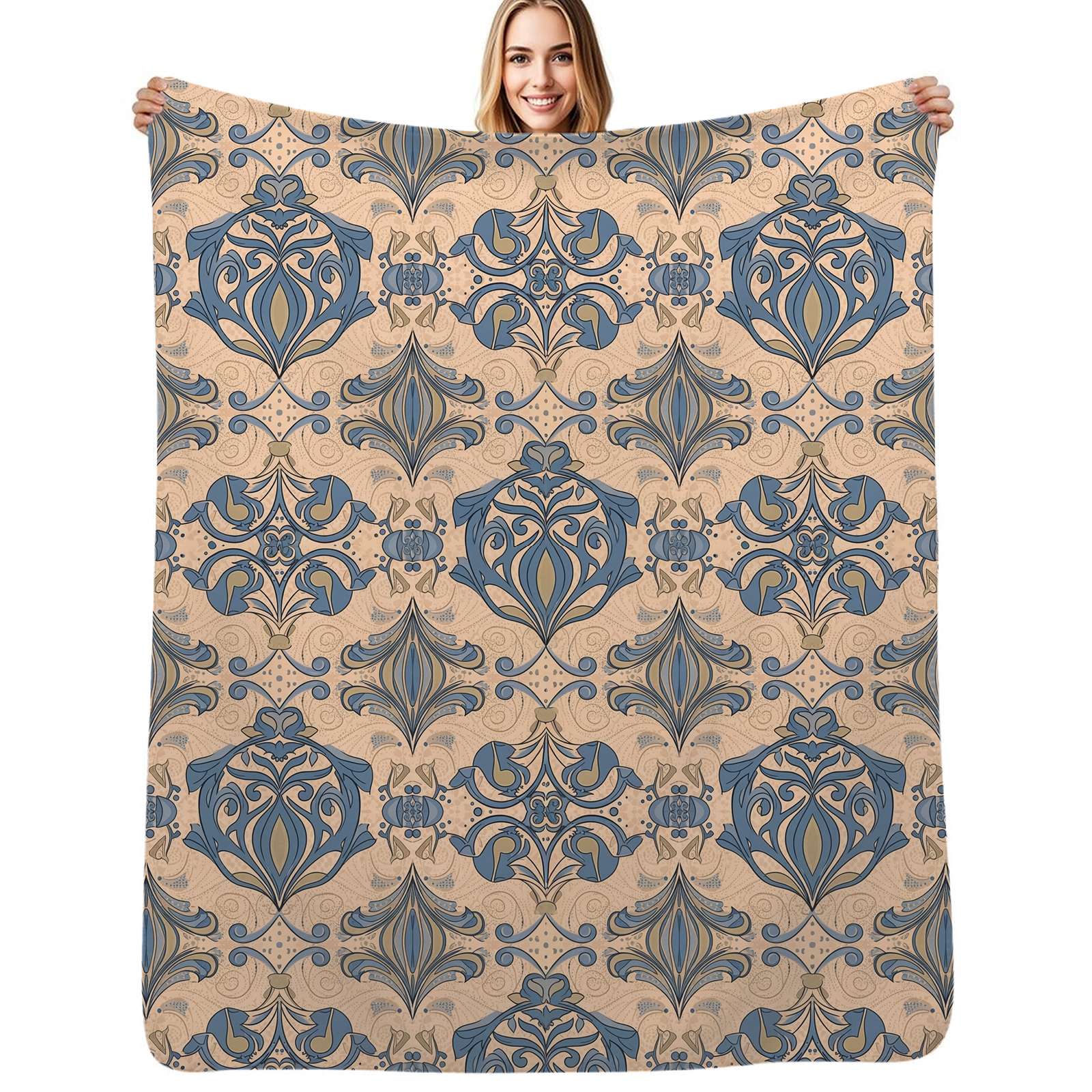 Elegant blue beige floral damask pattern Flannel Blanket Warm Soft ...