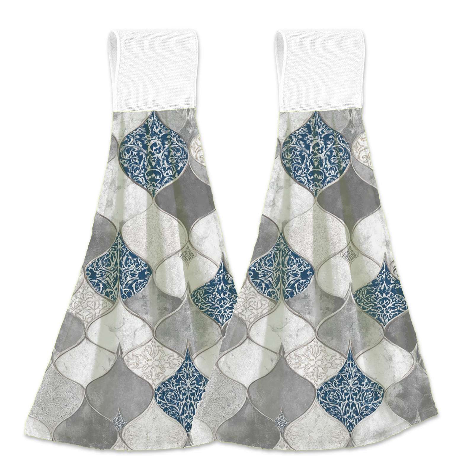 Elegant blue gray mosaic pattern Hanging Kitchen Hand Towels Sets with ...