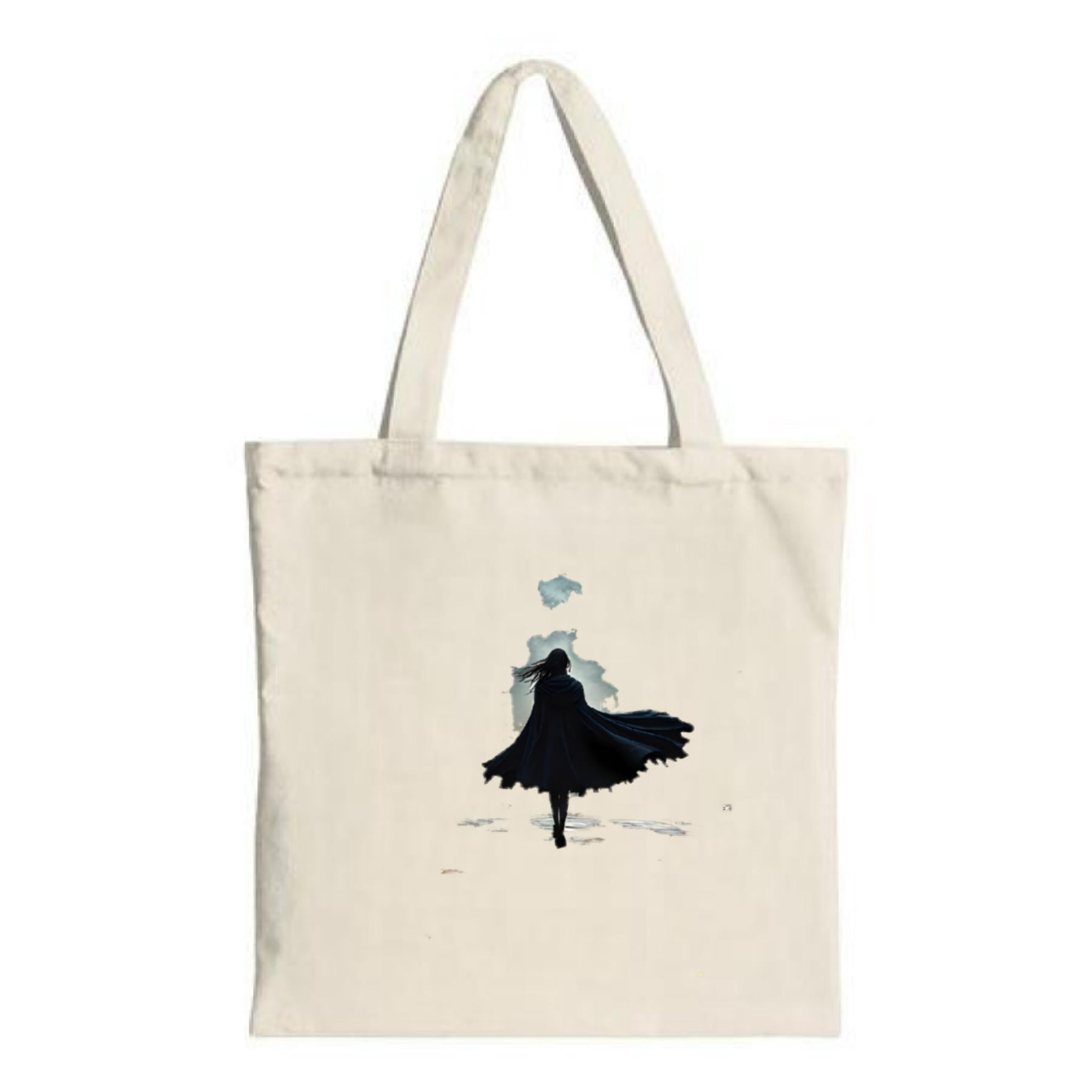 Elegant cream tote bag featuring a mysterious black silhouette of a ...
