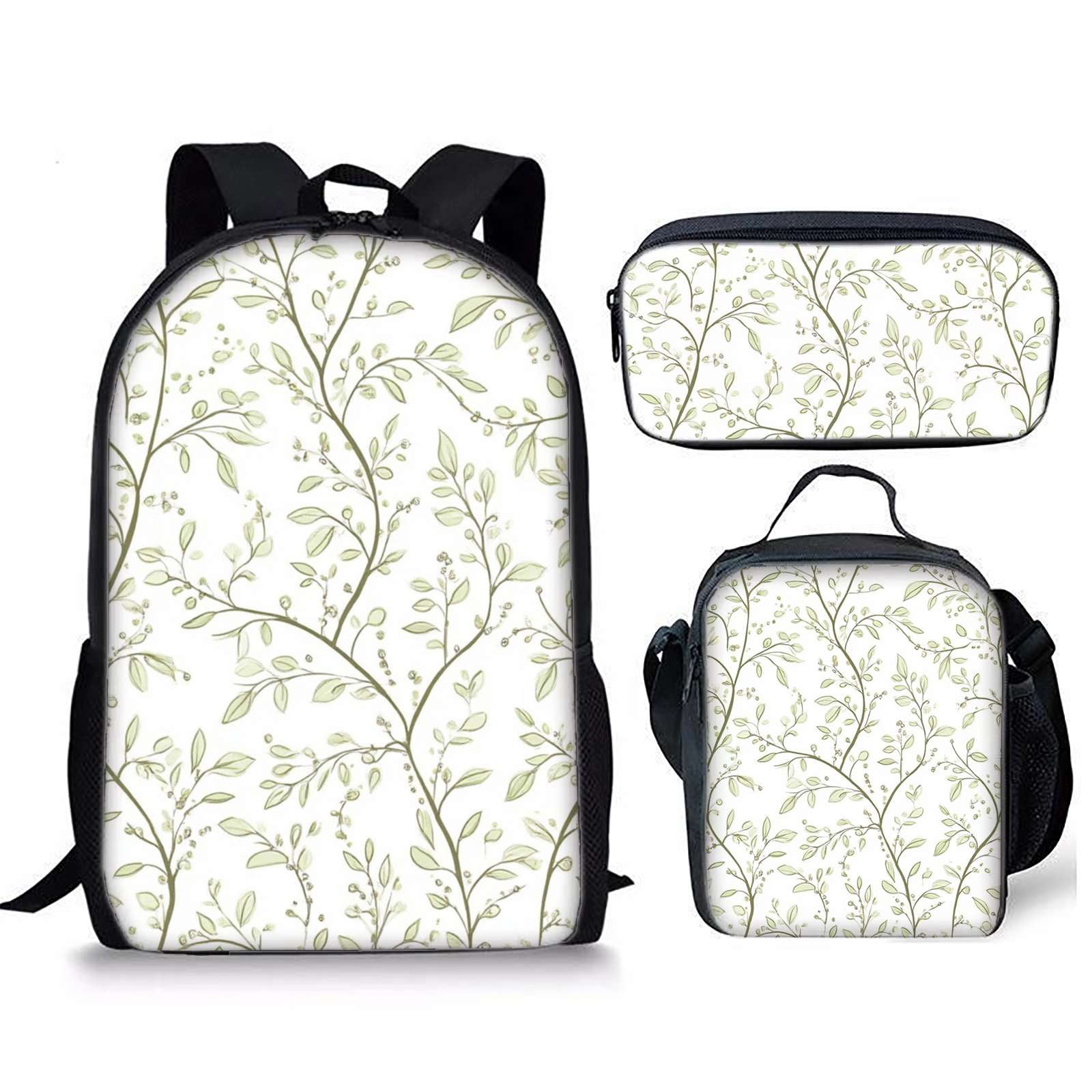 Elegant green leafy white pattern Backpacks Bookbag Bags Rucksack Lunch ...