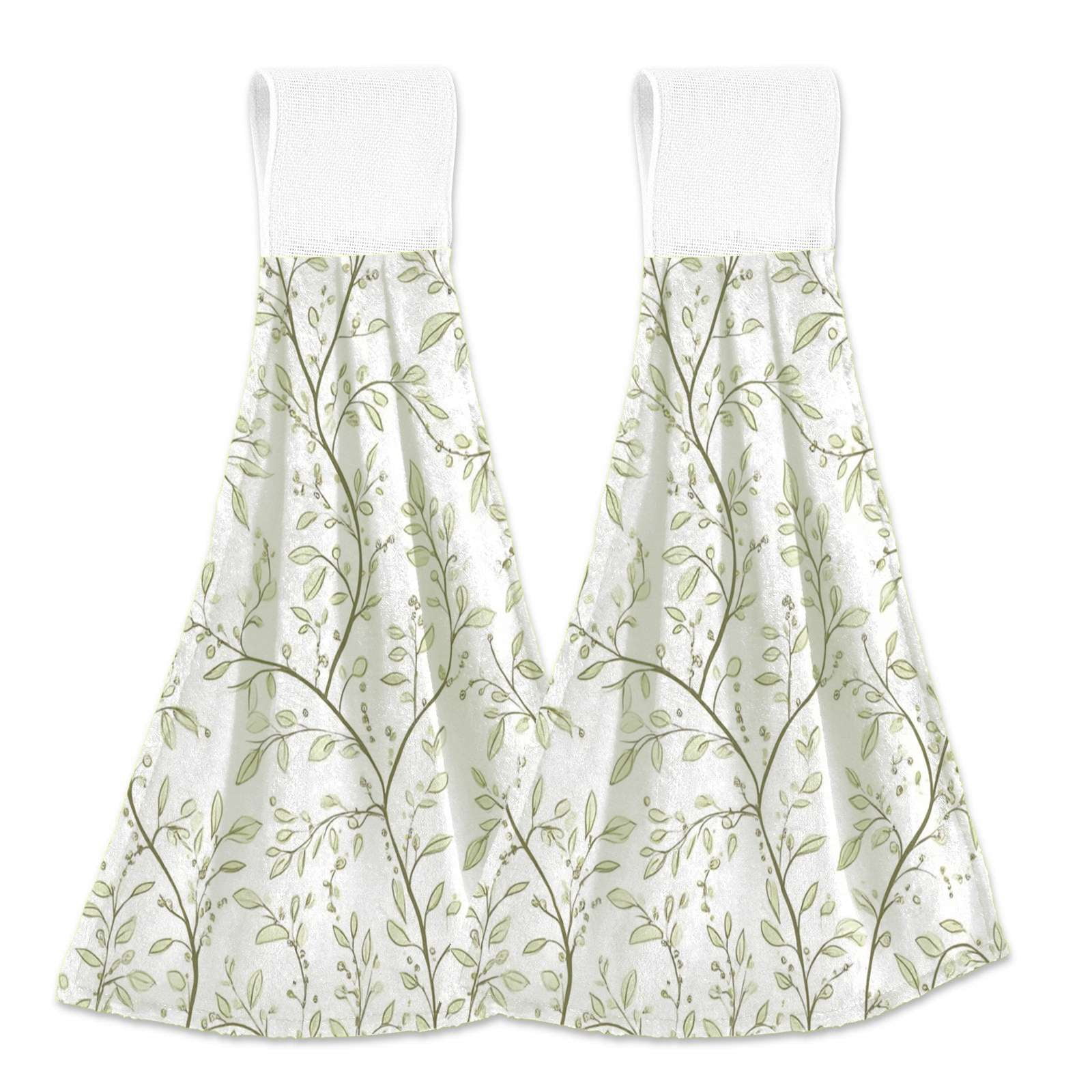Elegant green leafy white pattern Hanging Kitchen Hand Towels Sets with ...