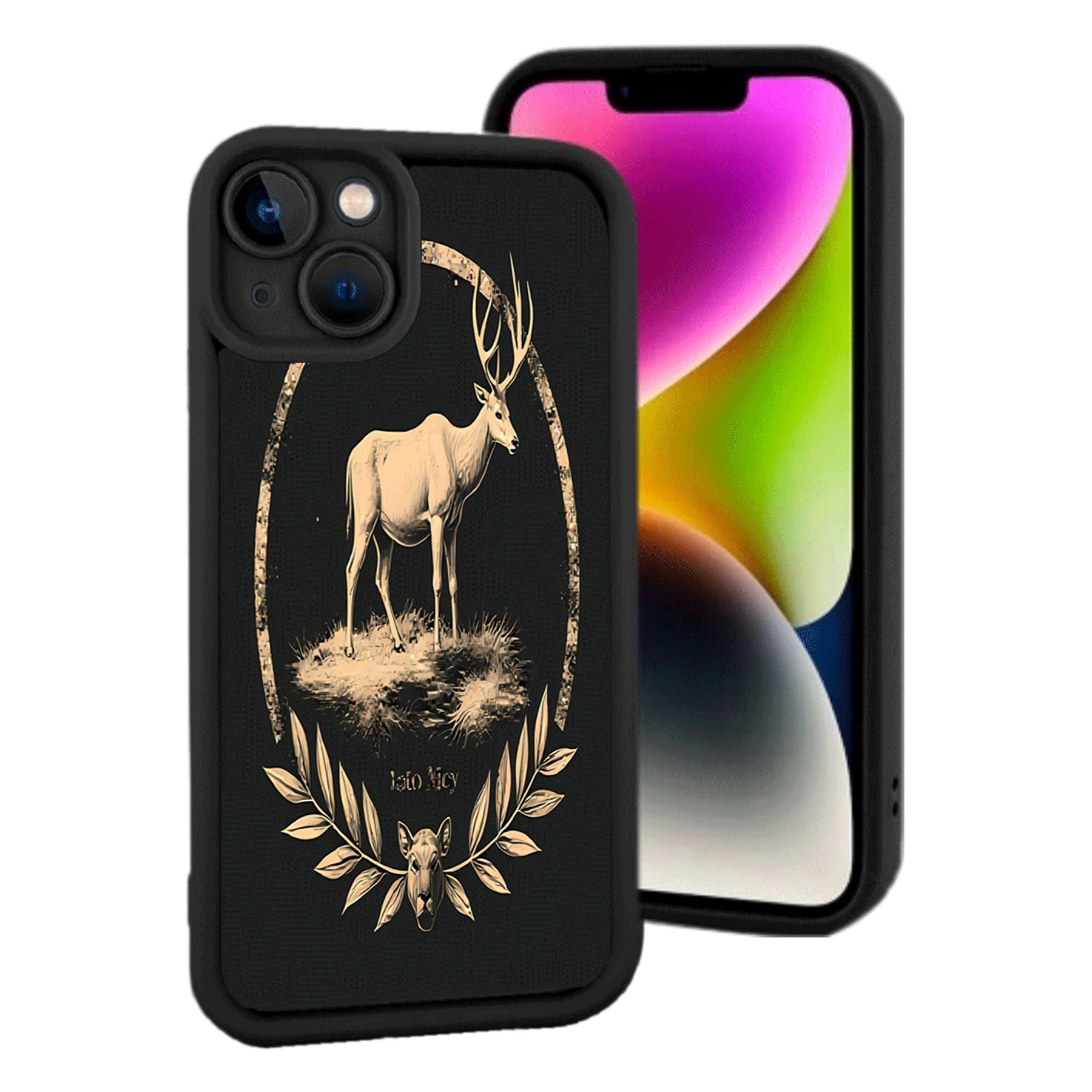 Elegant iPhone 15 Case - Black Background with Golden Deer Illustration ...