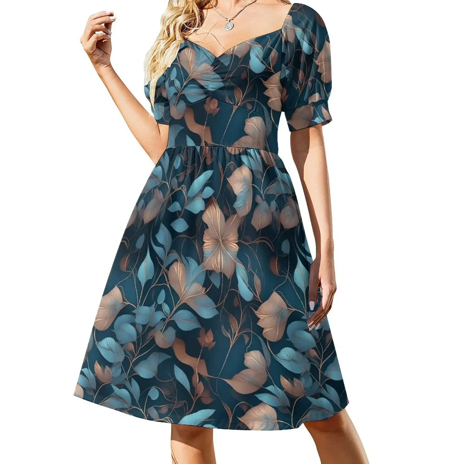 Elegant leaf tendrils in cream and light blue Sleeveless Dress Woman ...