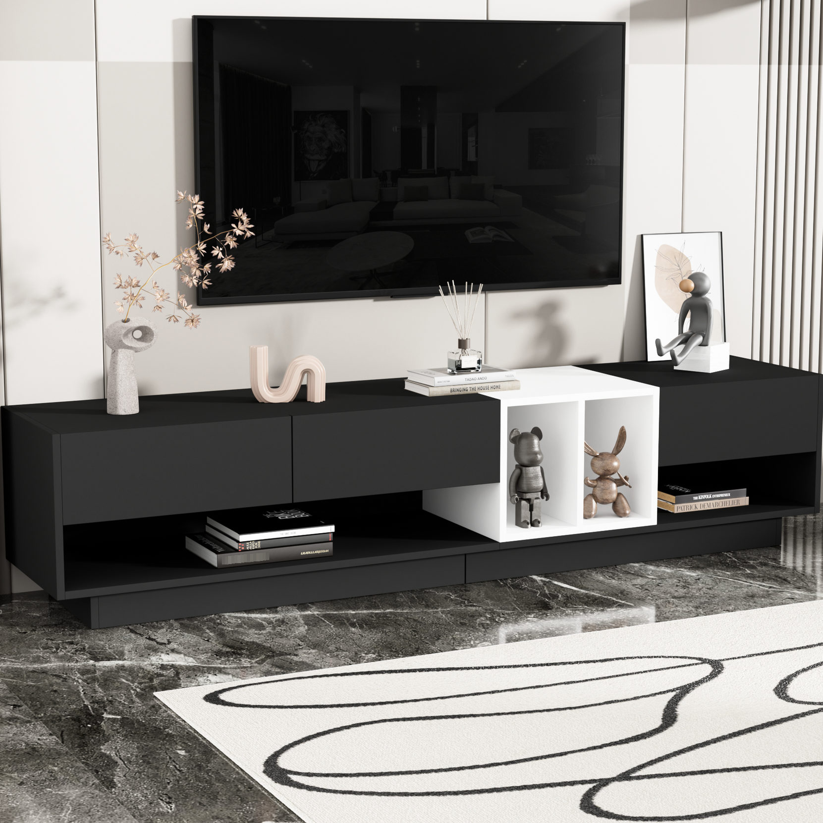Elegant two - tone TV stand with multiple storage options / Keeps ...