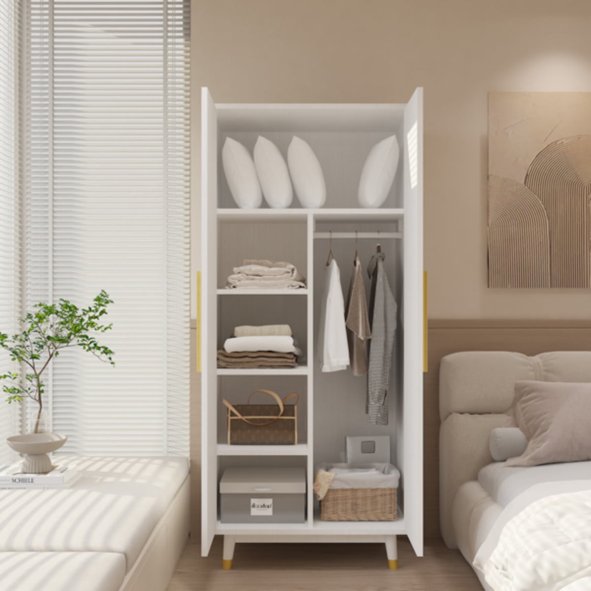 Elegant white wooden wardrobe with golden copper feet featuring ...