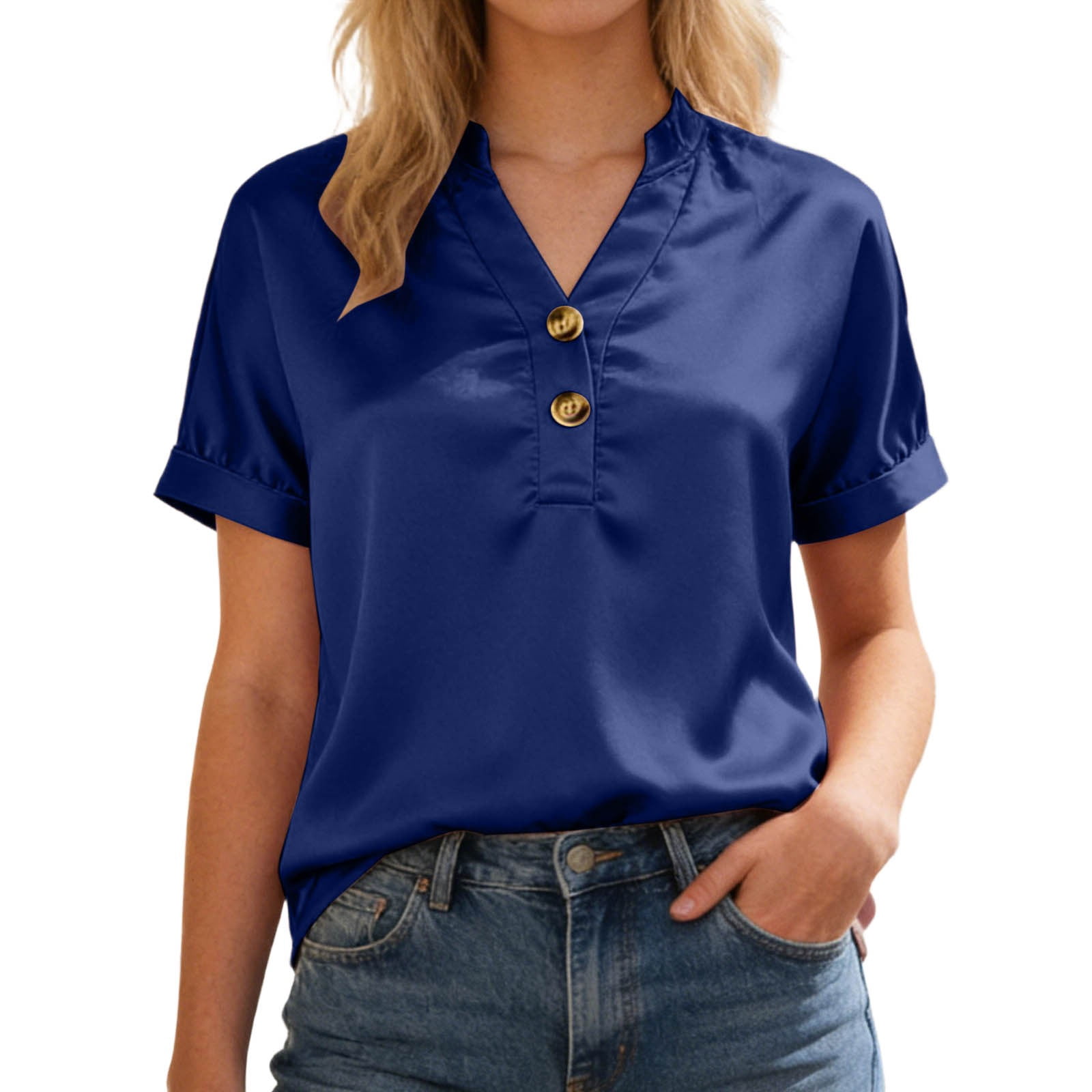 Elegyee Womens Satin Short Sleeve Shirt Elegant Solid Button V Neck ...