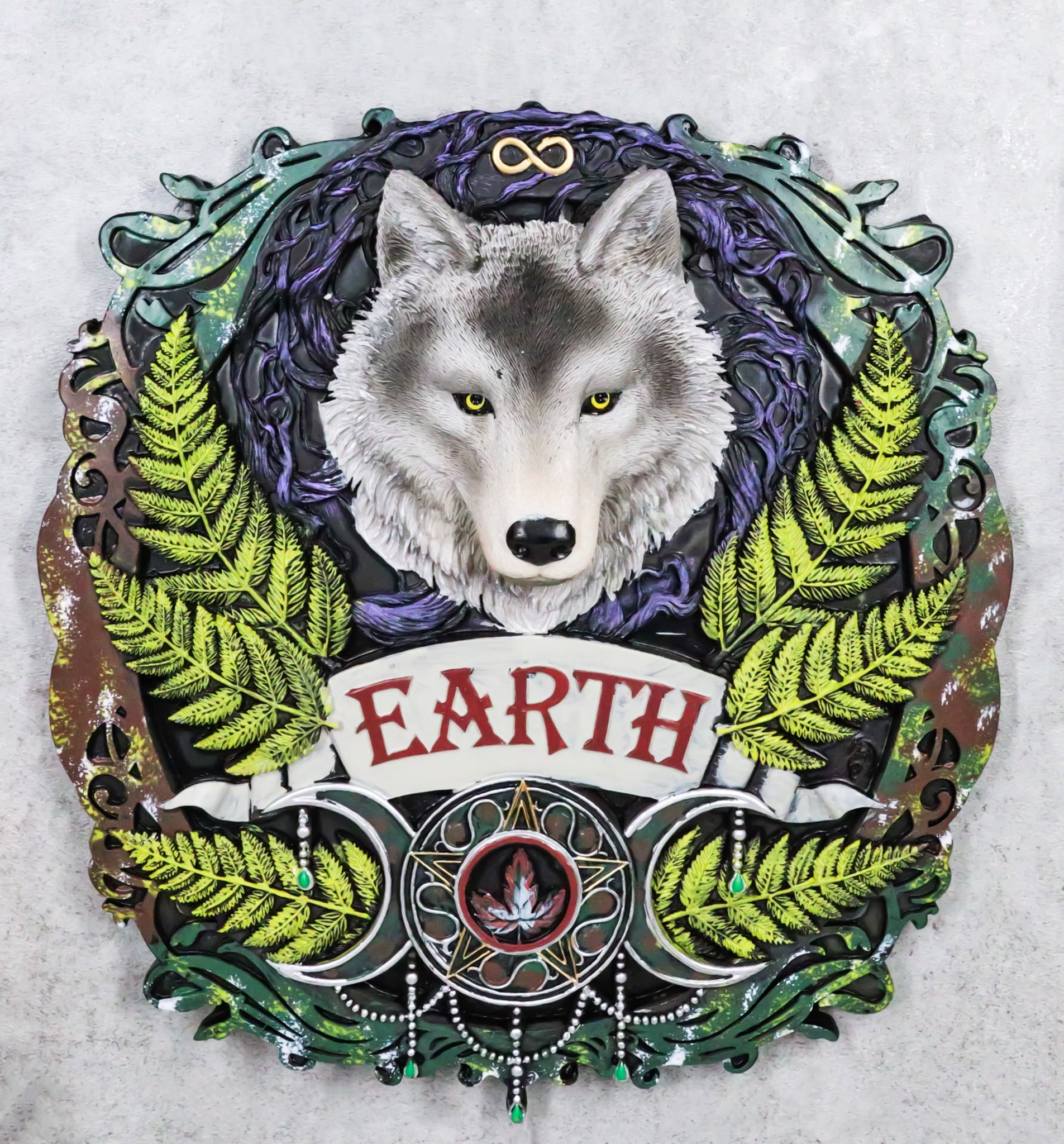 Elemental Earth Nation Gray Wolf With Leaf Ferns Triple Moon Symbol ...
