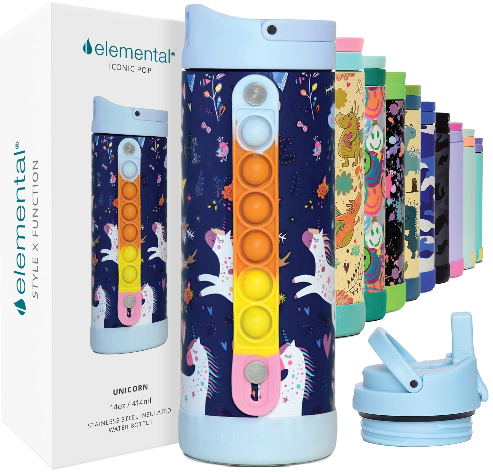 Elemental Iconic Kids Water Bottle with Straw Lid & Stress Reliever Pop ...