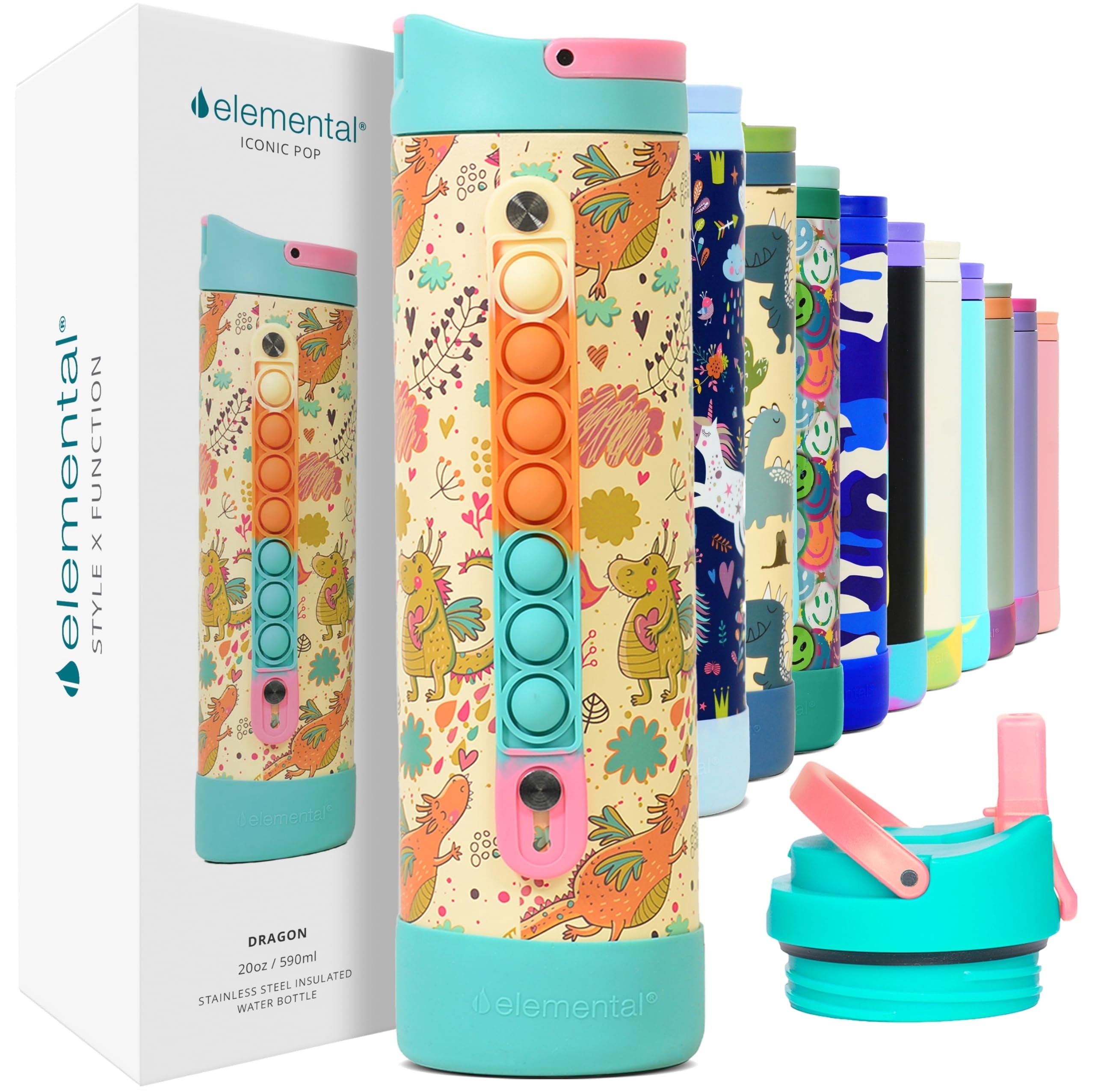 Elemental Iconic Kids Water Bottle with Straw Lid & Stress Reliever Pop ...